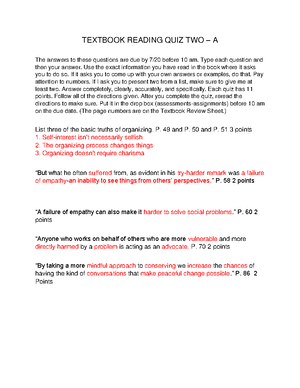 Textbook Reading QUIZ ONE - TEXTBOOK READING QUIZ ONE – A The answers to these questions are due ...