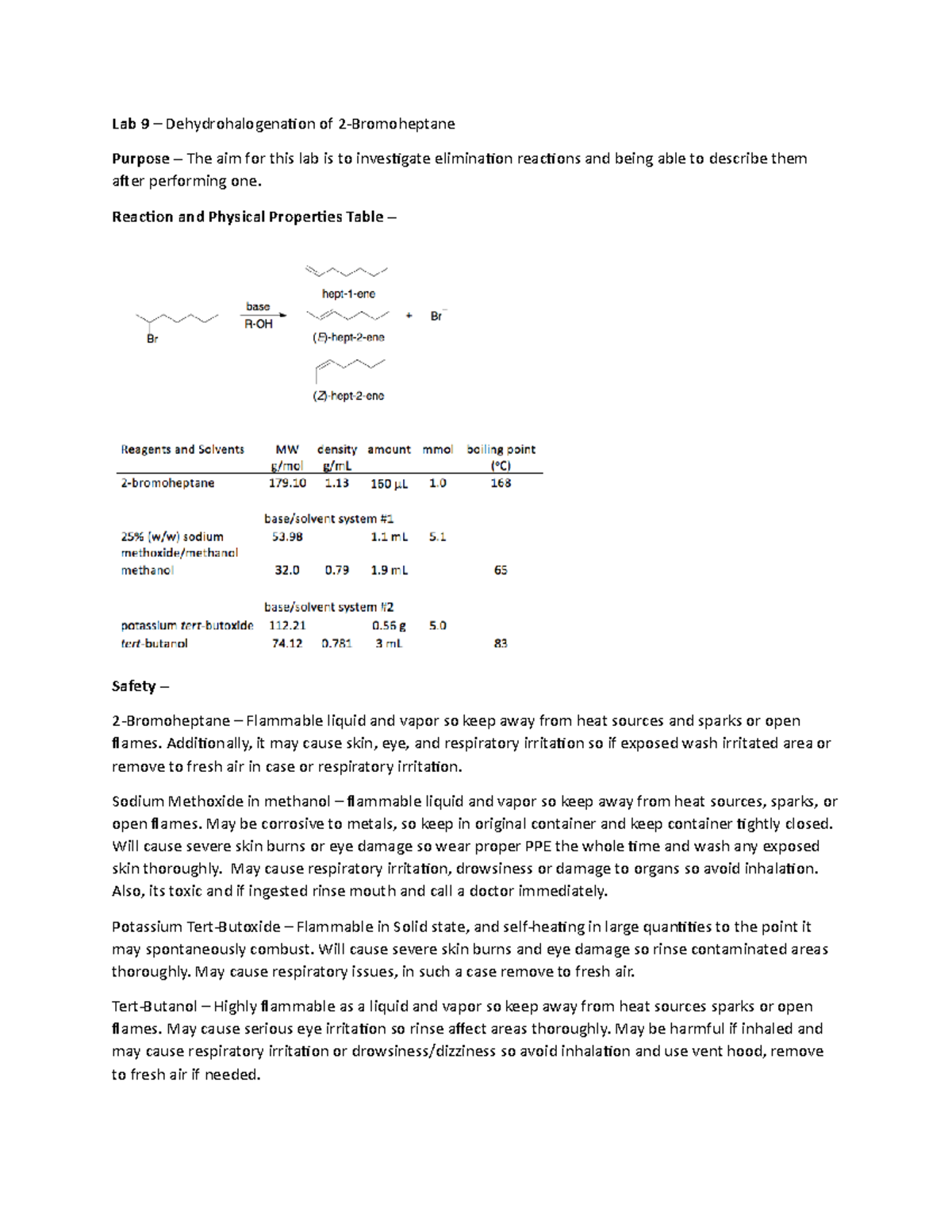 Lab 9 - Dehydrohalogenation of 2-Bromoheptane - Lab 9 ...