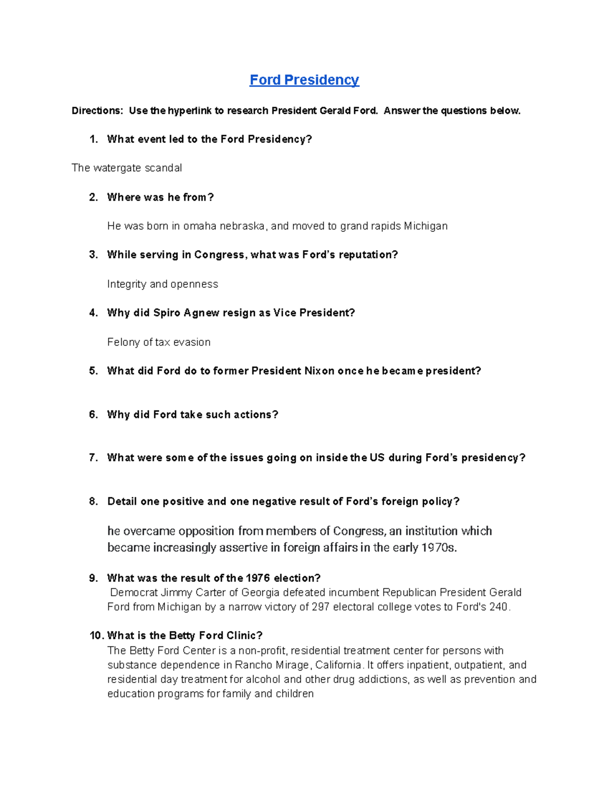 - Ford Presidency - Ford Presidency Directions: Use the hyperlink to ...