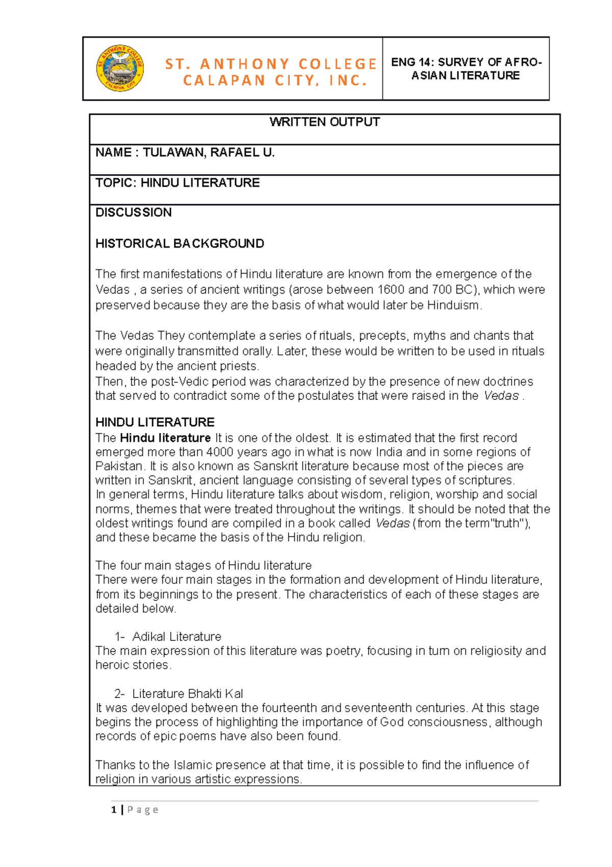 Hindu Literature - ASIAN LITERATURE WRITTEN OUTPUT NAME : TULAWAN ...
