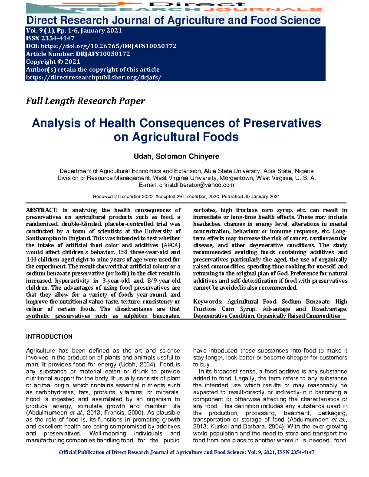 Udah-2 - asddff - Direct Research Journal of Agriculture and Food Science Vol. 9 (1), Pp. 1-6 ...