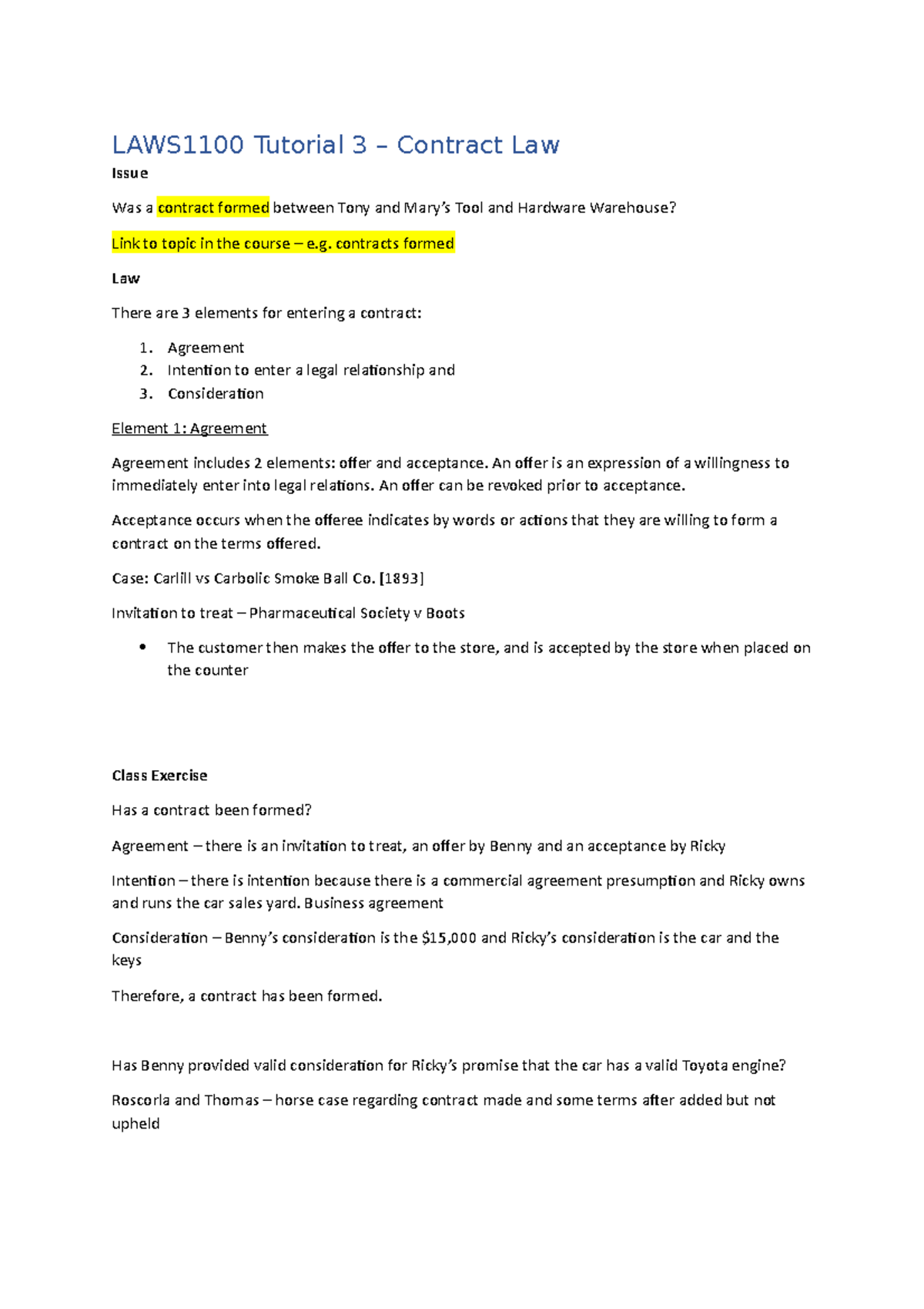 LAWS1100 Tutorial 3 (answer) - LAWS1100 Tutorial 3 – Contract Law Issue ...
