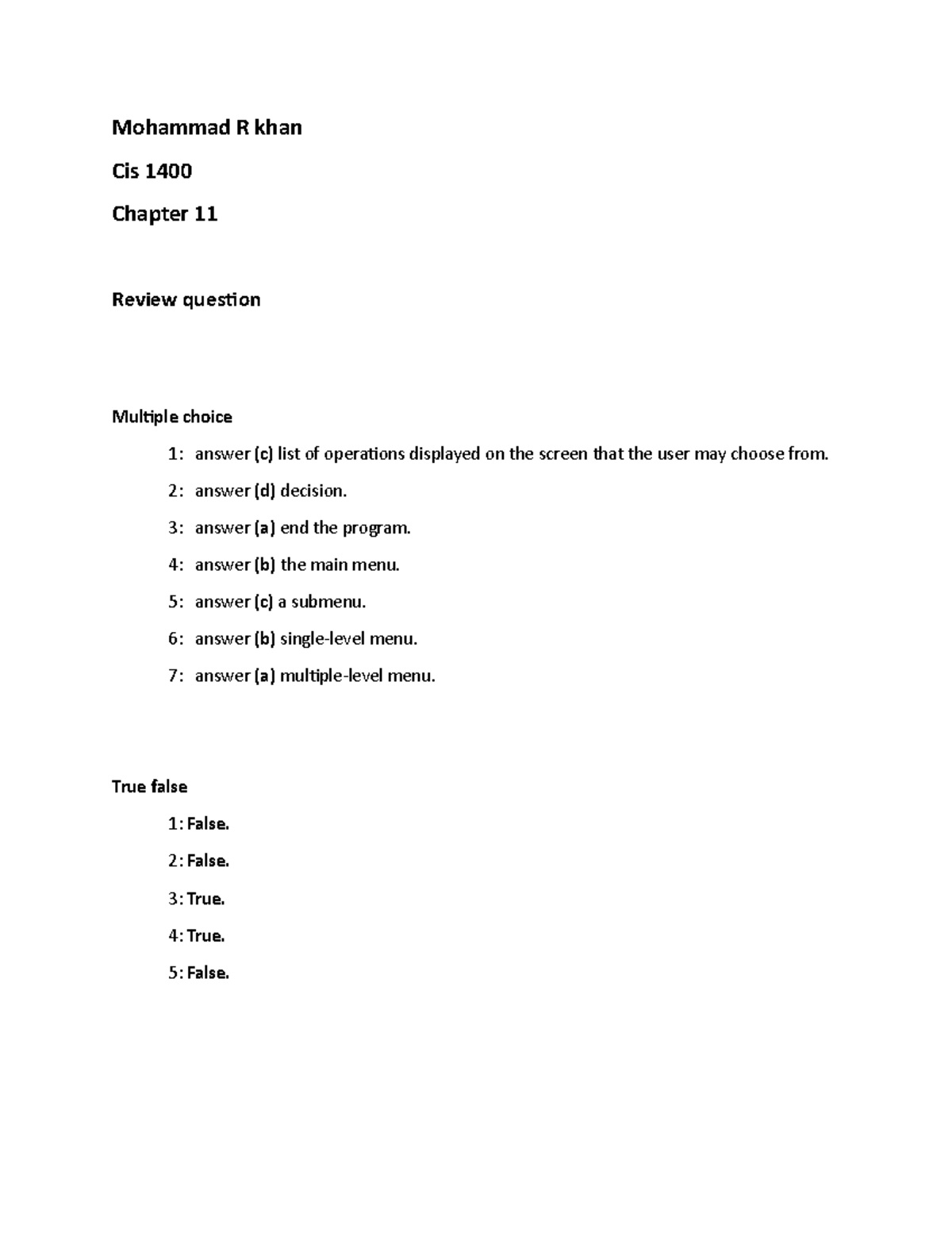 Mohammad R khan Chapter 14 Chapter Exercise - Mohammad R khan Cis 1400 ...