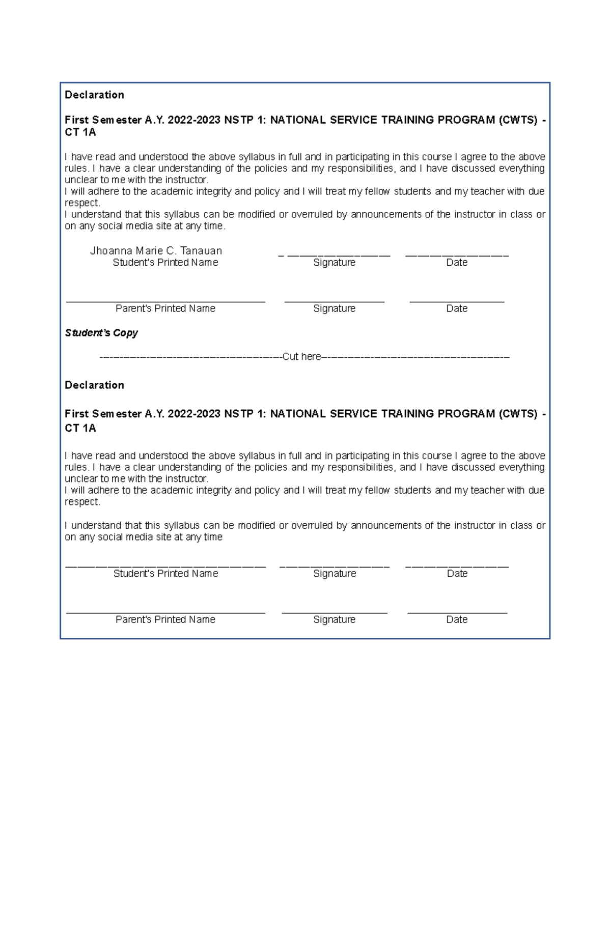 Declaration-Form-NSTP-1 - Declaration First Semester A. 2022-2023 NSTP ...