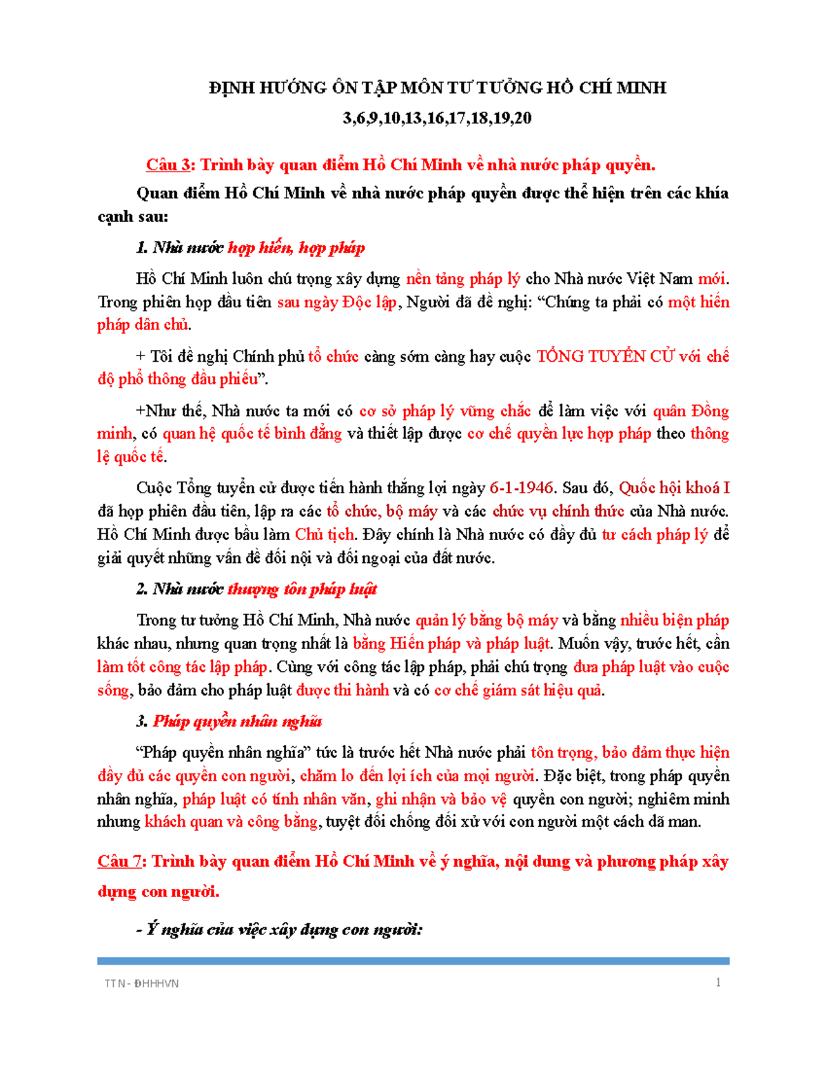 Tư tưởng HCM - ĐỊNH HƯỚNG ÔN TẬP MÔN TƯ TƯỞNG HỒ CHÍ MINH 3,6,9,10,13 ...