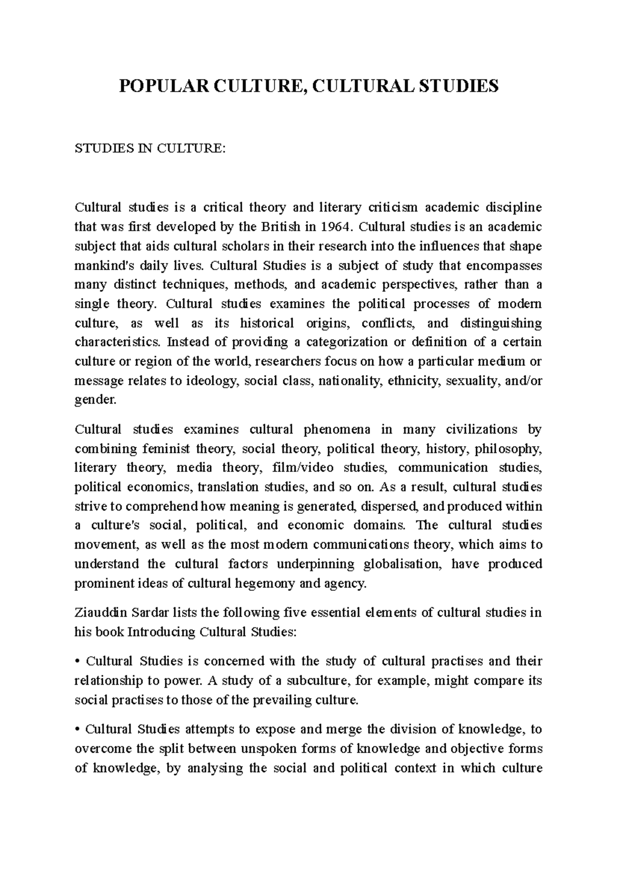 Popular Culture, Cultural Studies - POPULAR CULTURE, CULTURAL STUDIES ...