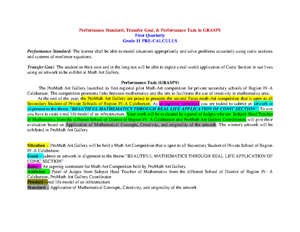 PRE- Calculus Performance TASK - Performance Standard, Transfer Goal ...