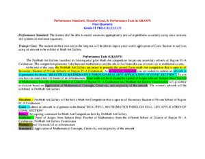 3RD Quarter STAT AND PROB- Grasps - Performance Standard, Transfer Goal ...