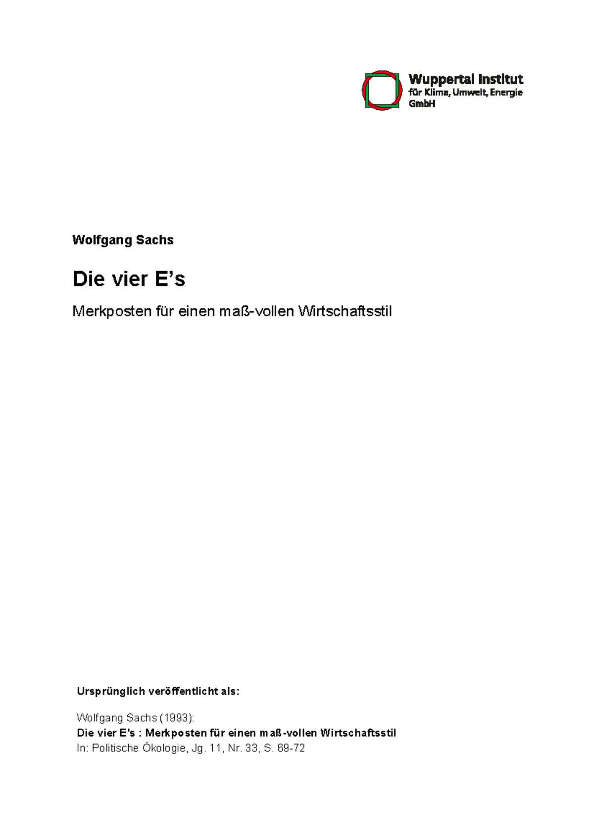 1993 Sachs die 4 E`s - Wintersemester - Wolfgang Sachs Die vier E’s ...