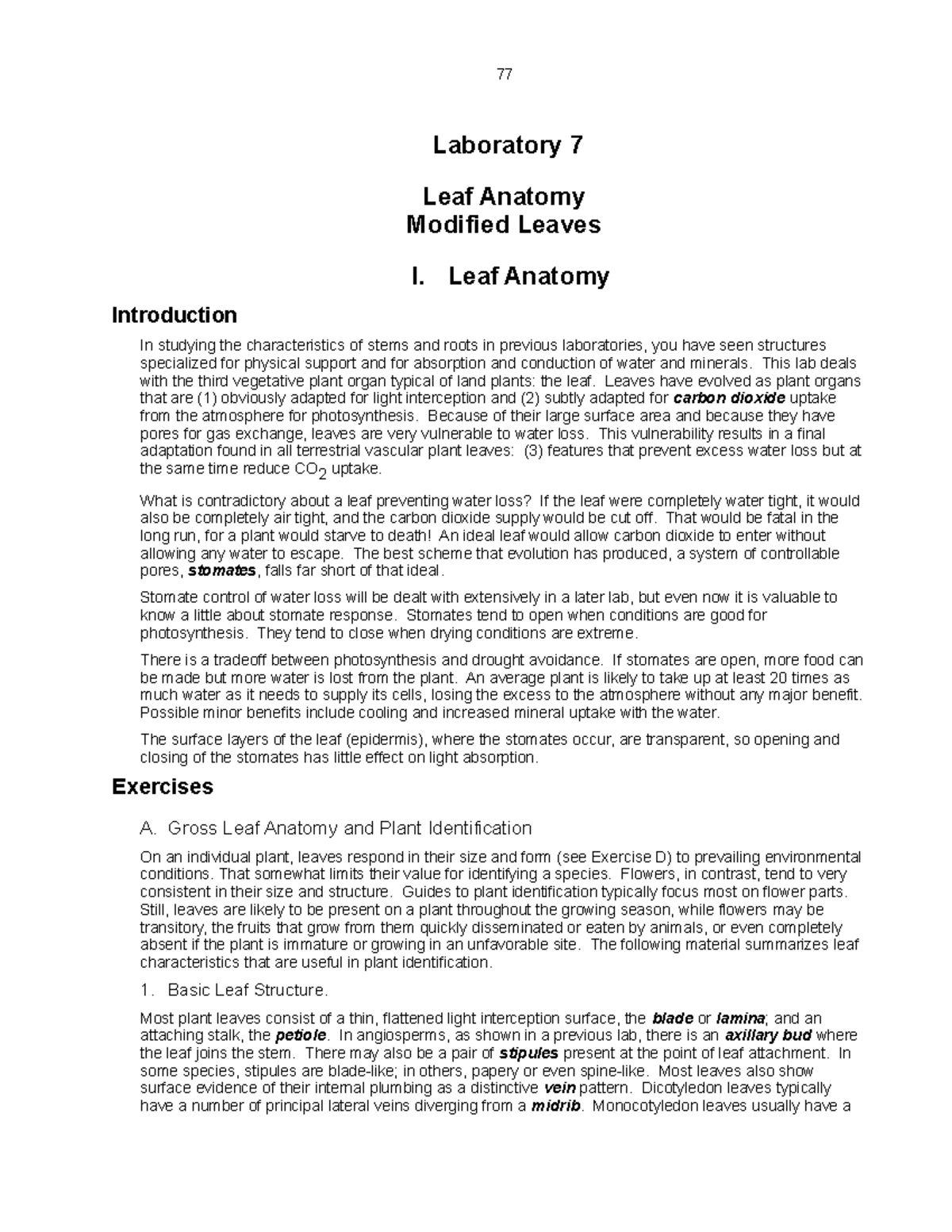 M07leaf - Lecture notes 1 - Laboratory 7 Leaf Anatomy Modified Leaves I ...