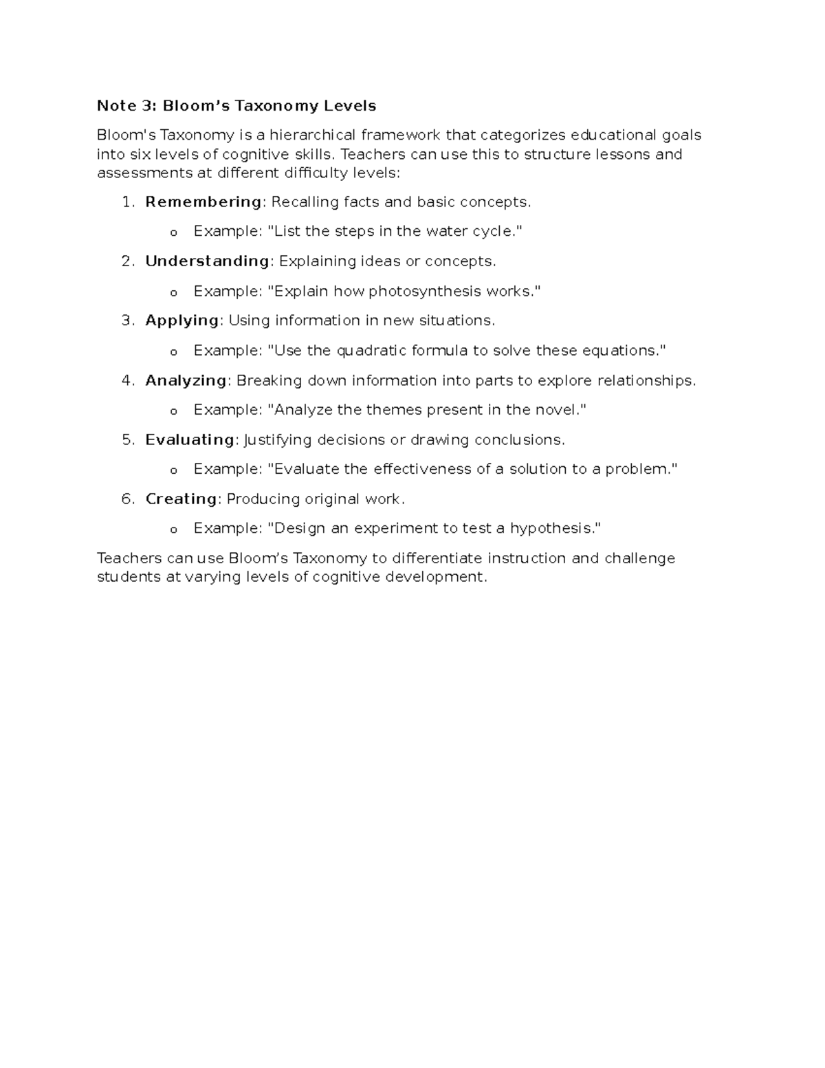 Note 3 - Educational notes - Note 3: Bloom’s Taxonomy Levels Bloom's ...