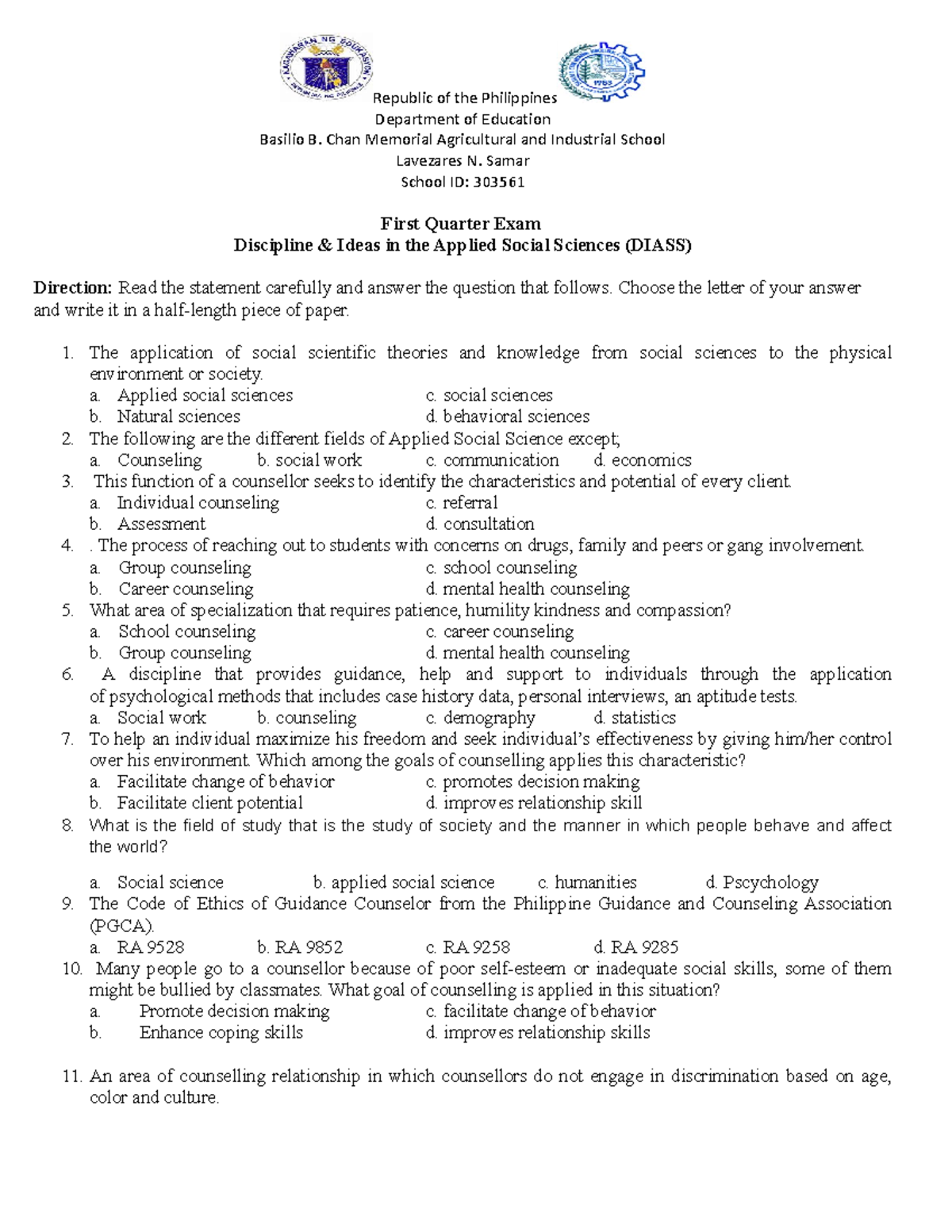 606929356 Diass First Quarter Exam 2 - Republic of the Philippines ...