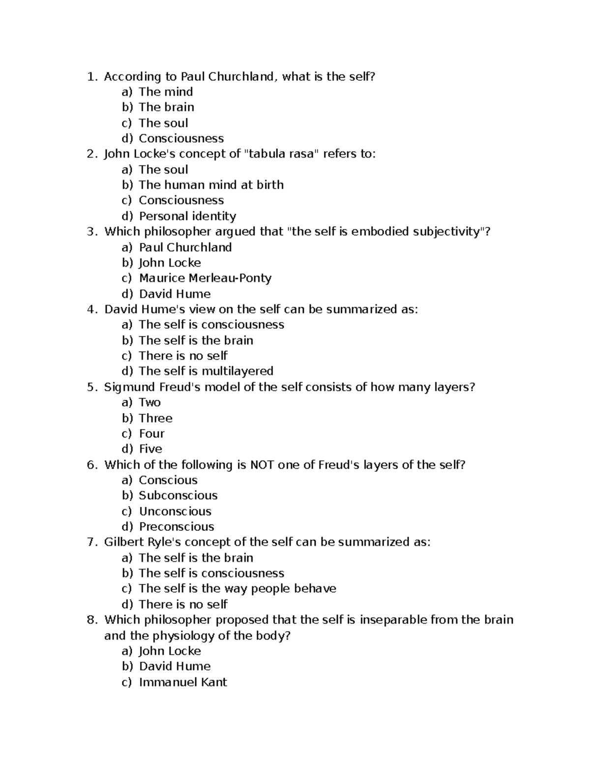 Quiz on Understanding the self (prelim) - According to Paul Churchland ...