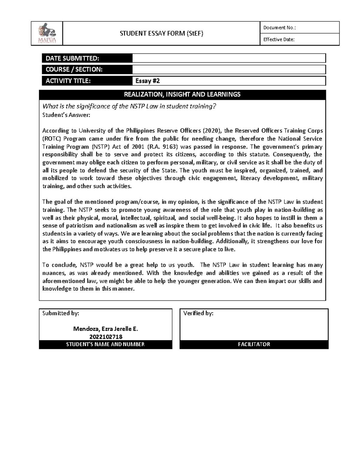Form NSTP100 Essay 2 STUDENT ESSAY FORM StEF Document No