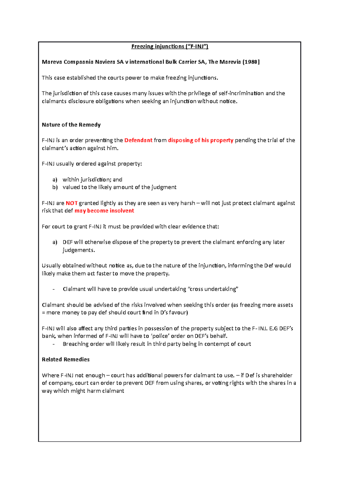 Consolidated notes - Injunctions - Freezing injunctions (“F-INJ ...