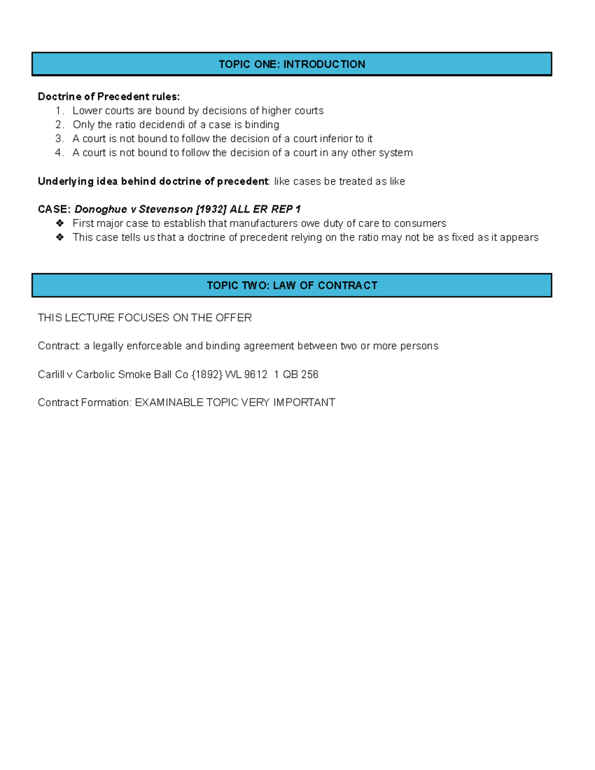 Law Ethics cheat sheet - TOPIC ONE: INTRODUCTION Doctrine of Precedent ...