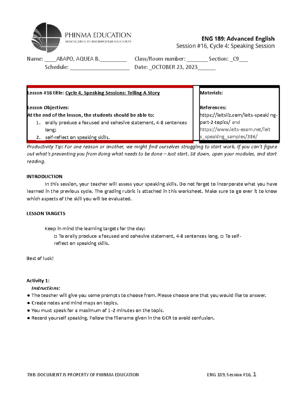 Abapo, Aquea B. ENG 189 SAS#16 speaking - Schedule ...