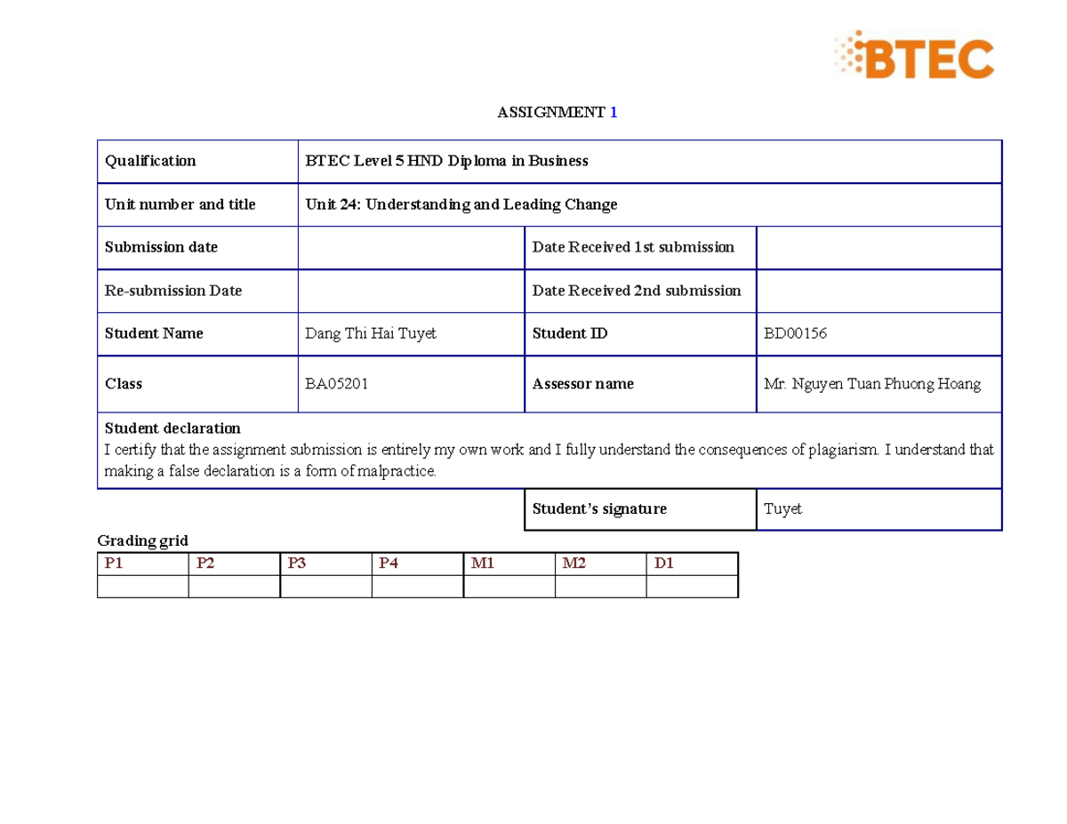 5075BA05201 BD00156 ASM1 - ASSIGNMENT 1 Qualification BTEC Level 5 HND Diploma in Business Unit ...