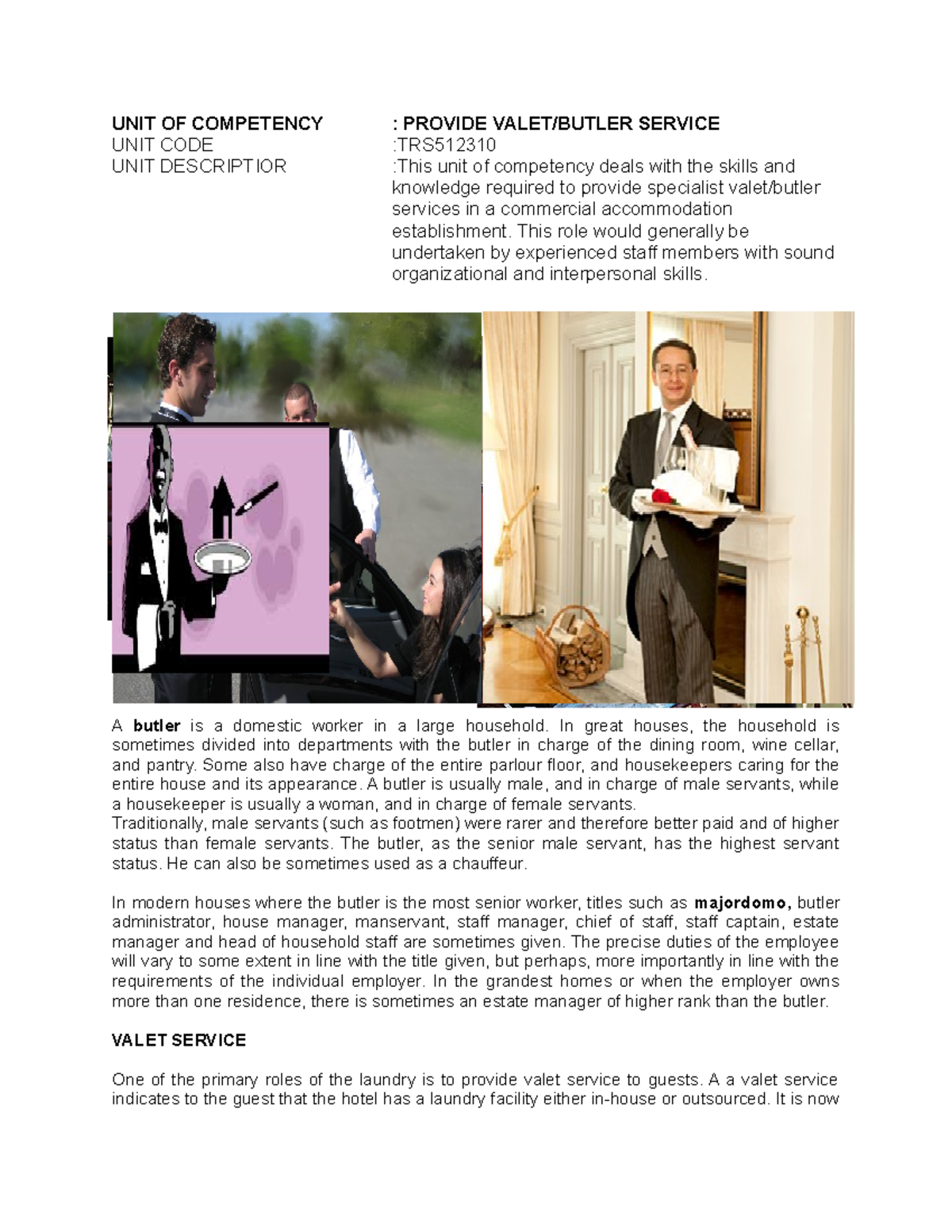 Butler Service Module - UNIT OF COMPETENCY : PROVIDE VALET/BUTLER ...