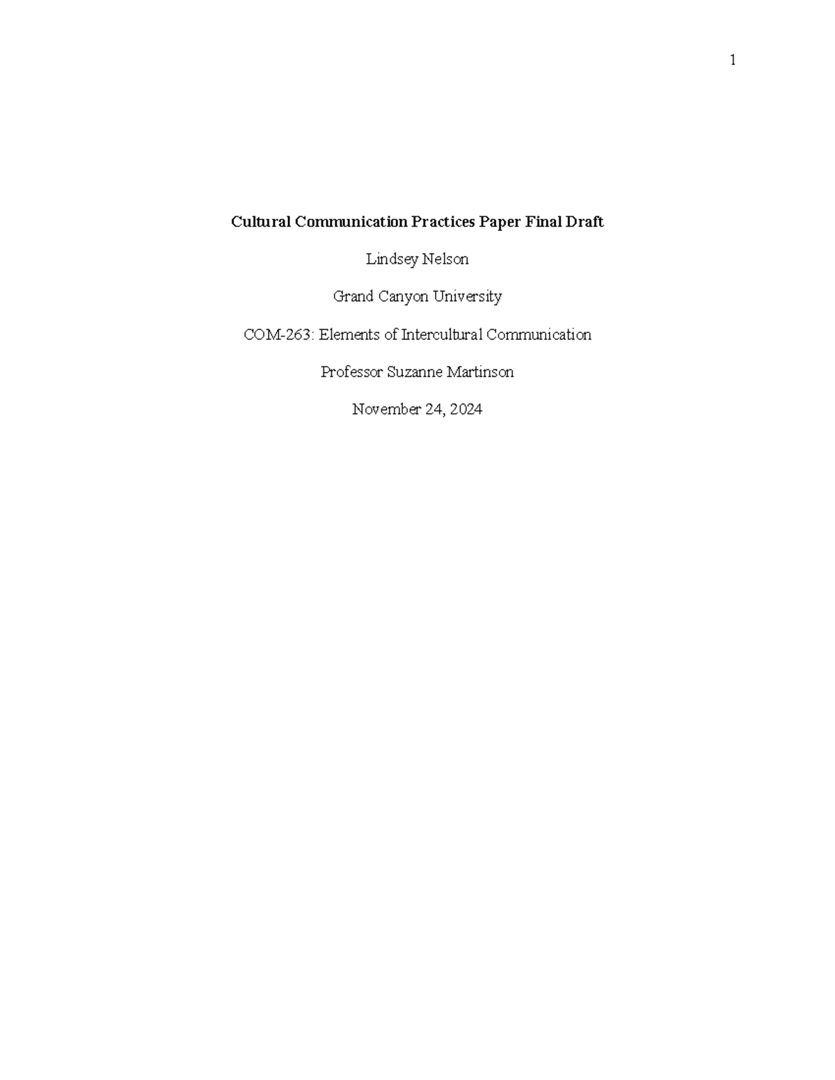 COM 263 Cultural Communication Practices Paper Final Draft - Cultural ...