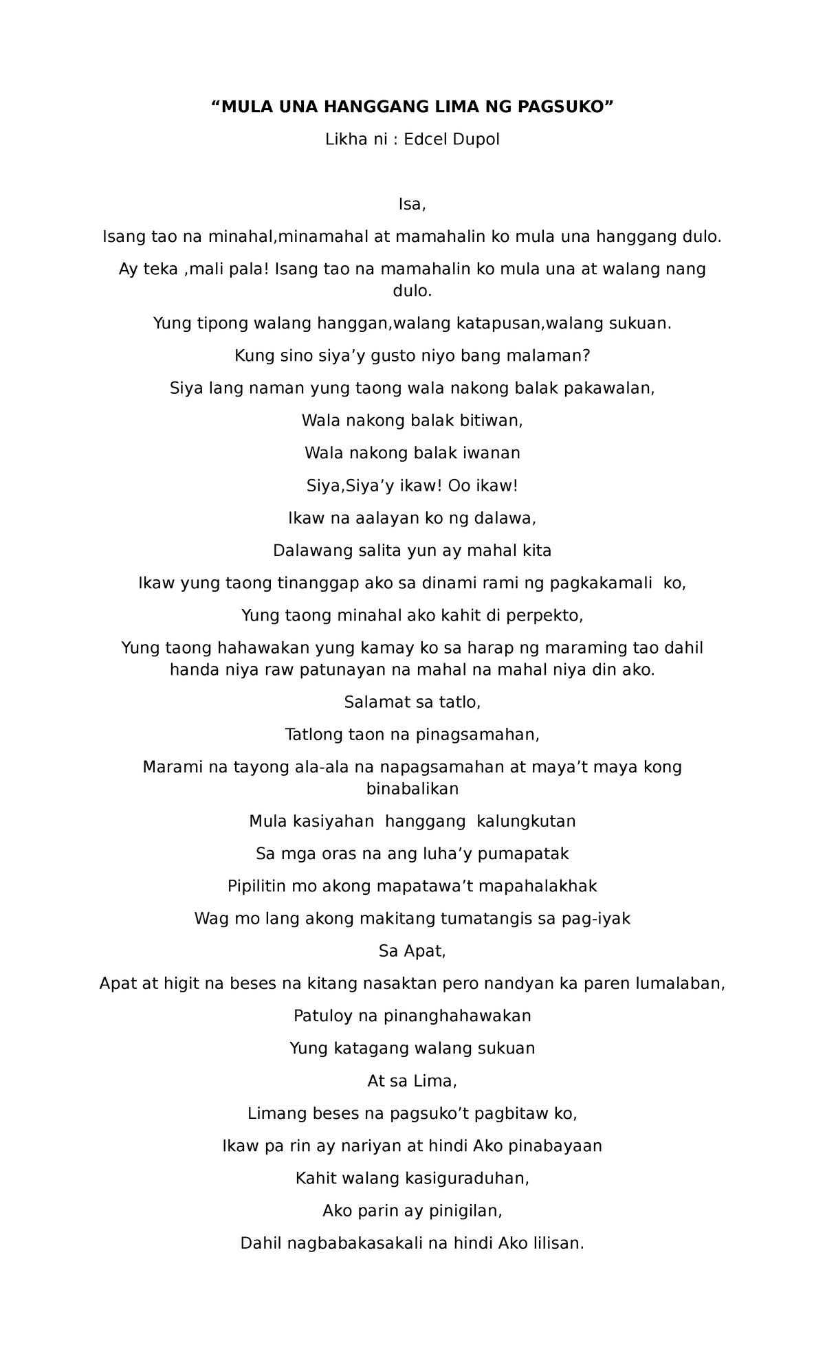 TULA 040 - GOODLUCK - “MULA UNA HANGGANG LIMA NG PAGSUKO” Likha ni ...