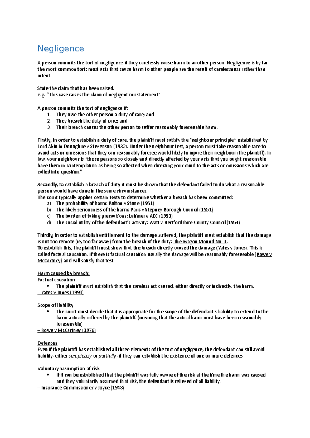 Negligence and Contract Answer Formats - Negligence A person commits ...