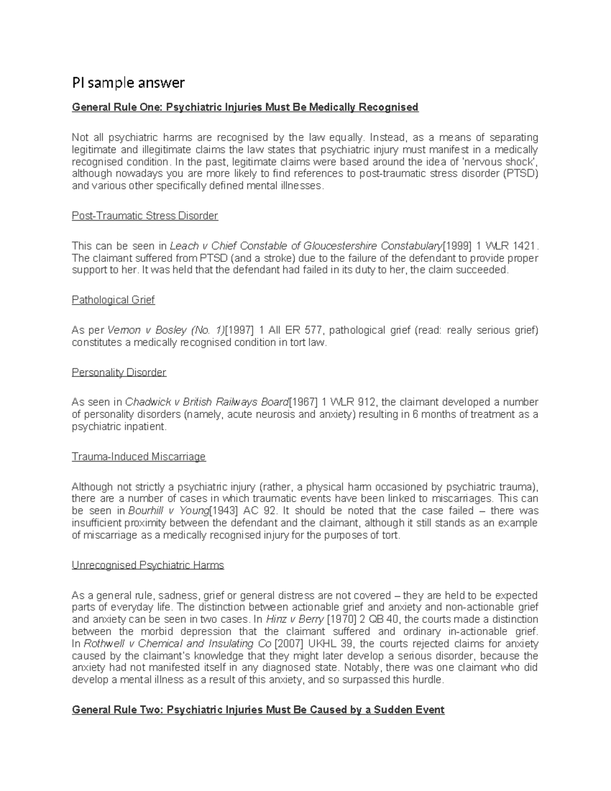 PI sample answer - PI sample answer General Rule One: Psychiatric ...