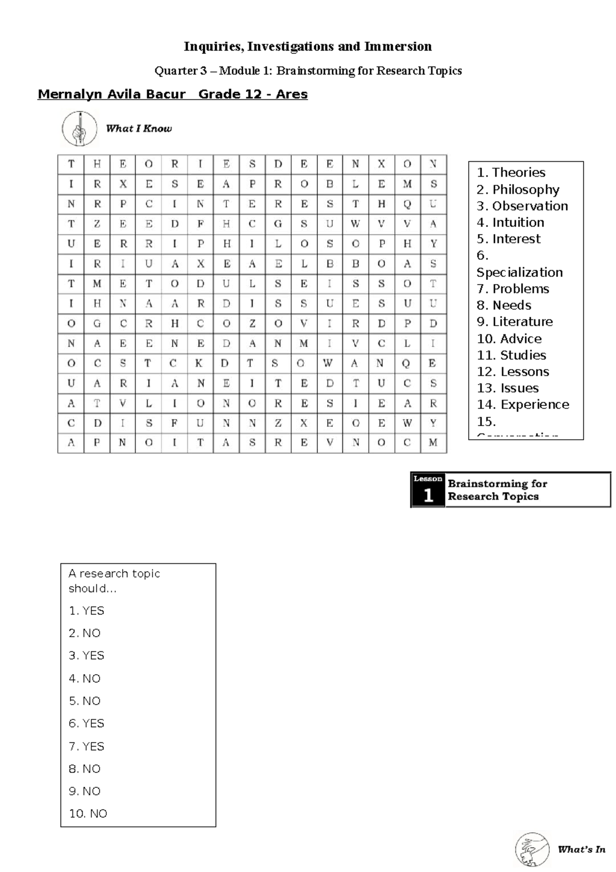I.I.I Module 1 - Padayon - Inquiries, Investigations and Immersion ...