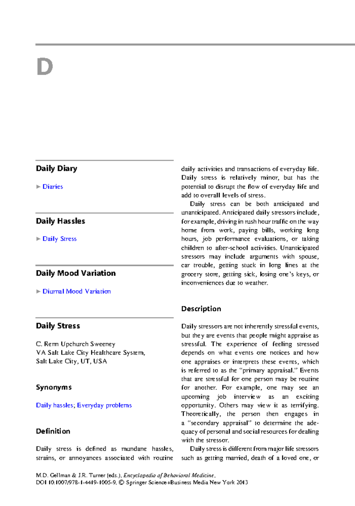 Encyclopedia of behavioral medicine 2013 - D Daily Diary Diaries Daily Hassles Daily Stress ...