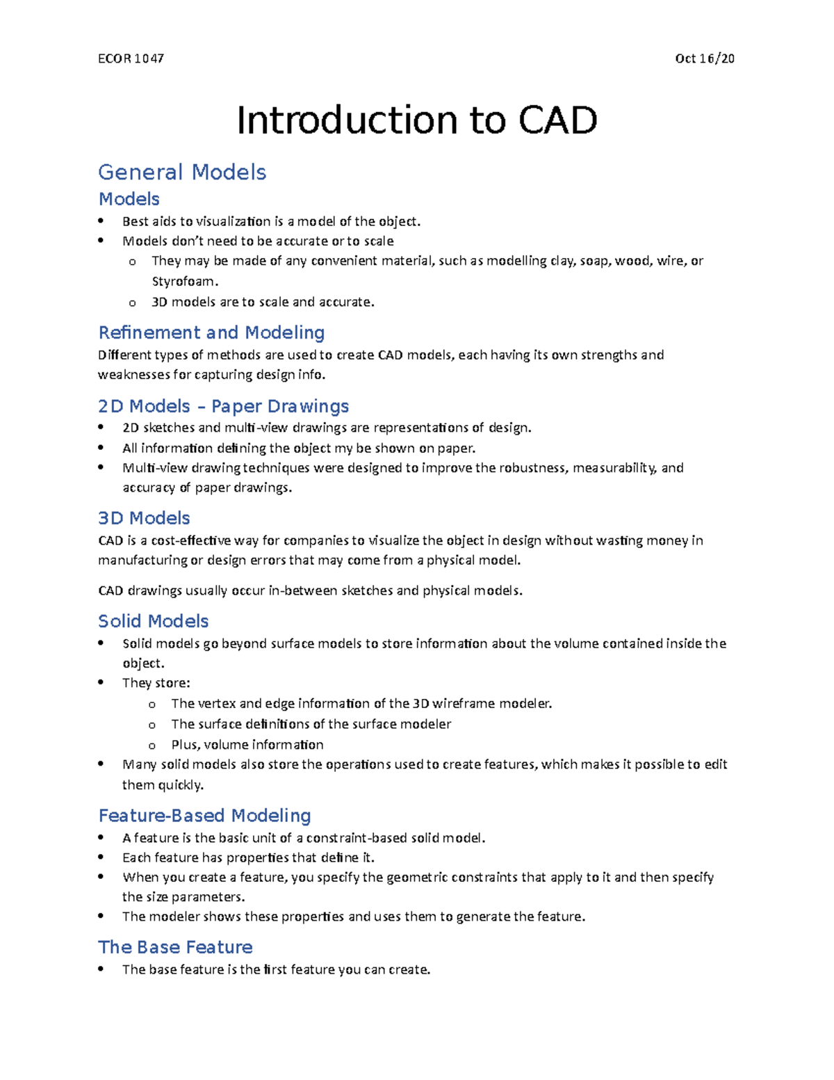ECOR 1047 Notes - Introduction to CAD - ECOR 1047 Oct 16/ Introduction ...