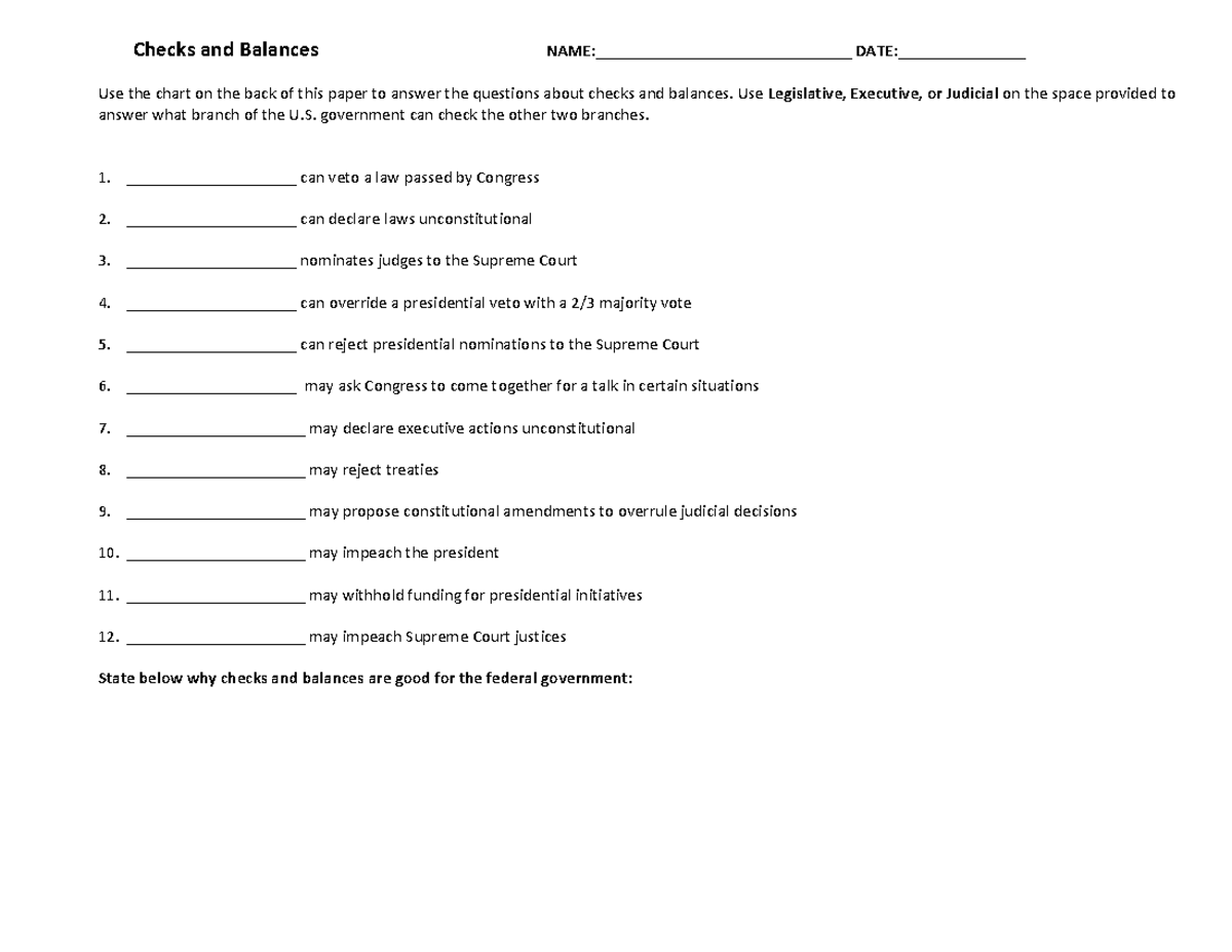 Checks and Balances Worksheet - Checks and Balances NAME