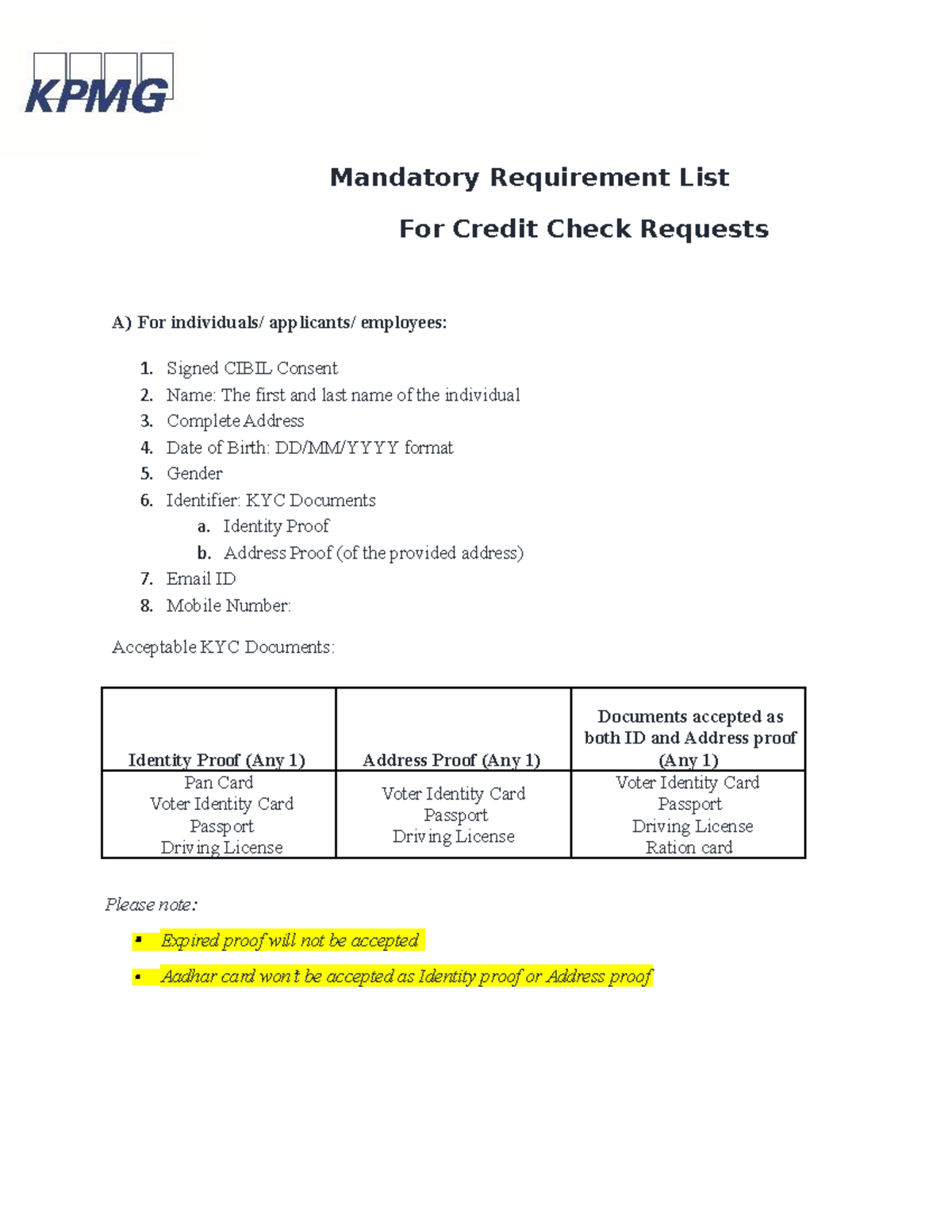 Credit report India ( Cibil) Mandatorily required documents ...