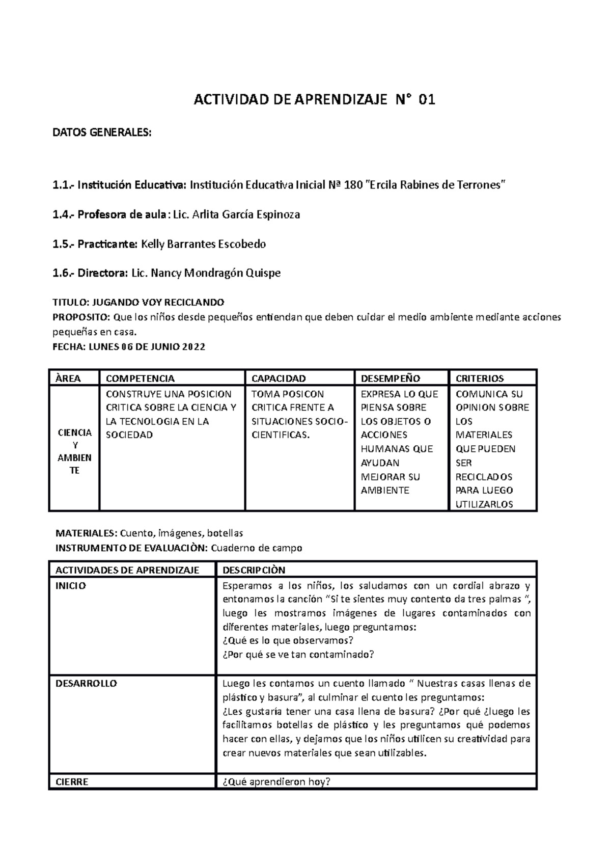 Actividad DE Aprendizaje Nª 01 - ACTIVIDAD DE APRENDIZAJE N° 01 DATOS GENERALES: 1.- Institución ...
