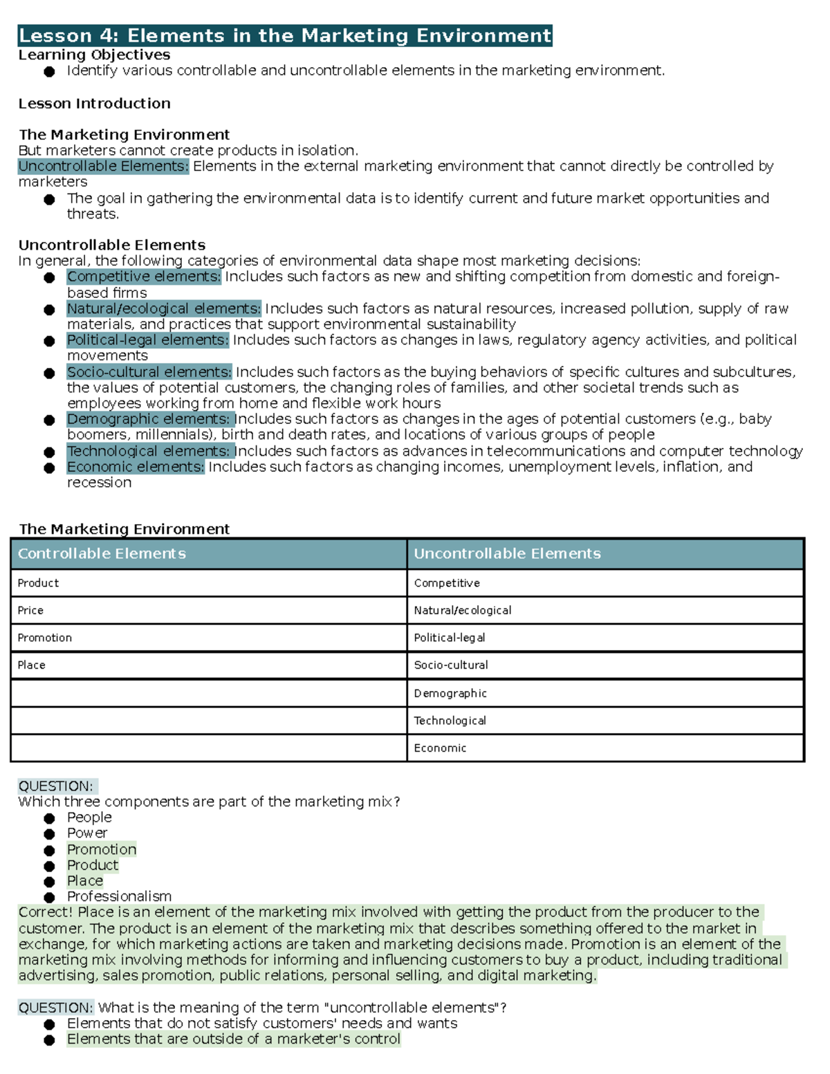 Notes UNIT 2 MOD 1 Lesson 4 - Lesson 4: Elements in the Marketing ...