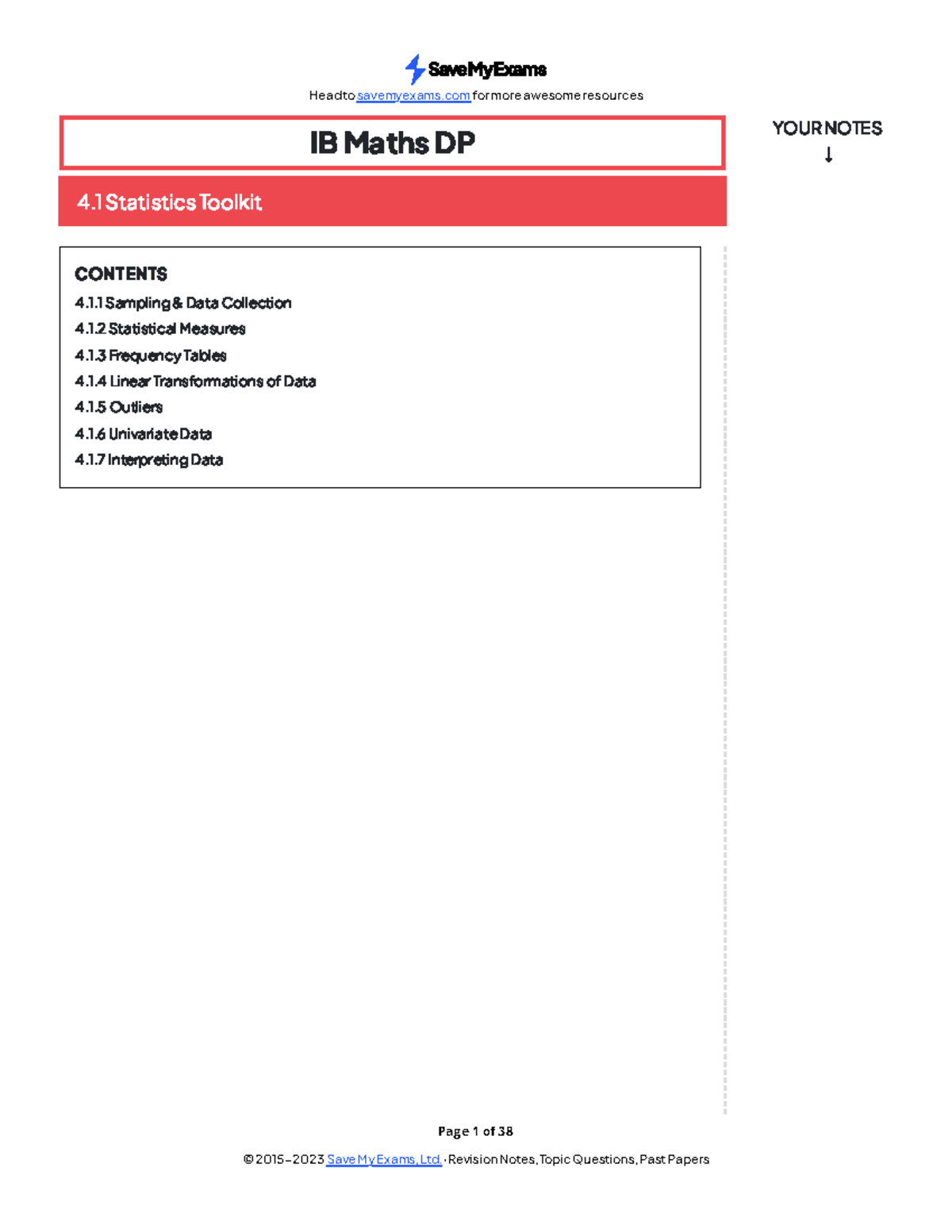 U4.1 statistics toolkit - Page 1 of 38 IB Maths DP 4 Statistics Toolkit CONTENTS 4.1 Sampling ...
