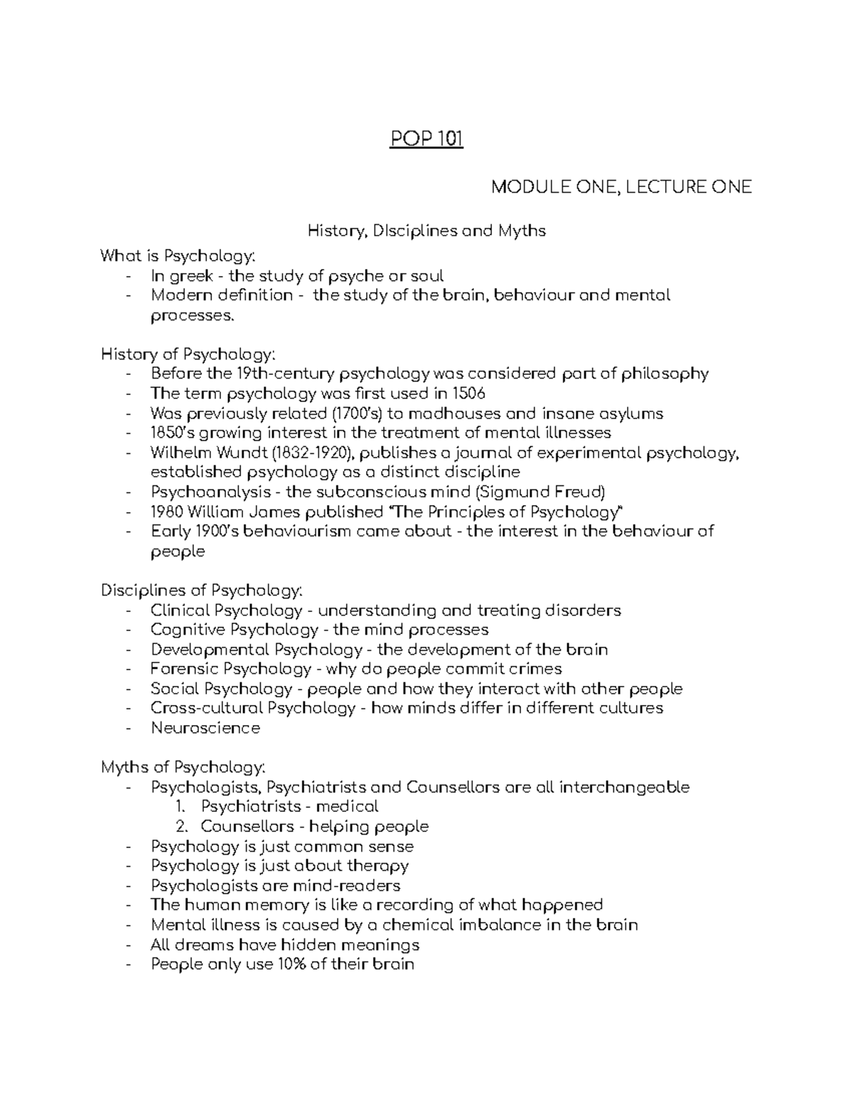 POP Lecture 1 Notes - POP 101 MODULE ONE, LECTURE ONE History ...