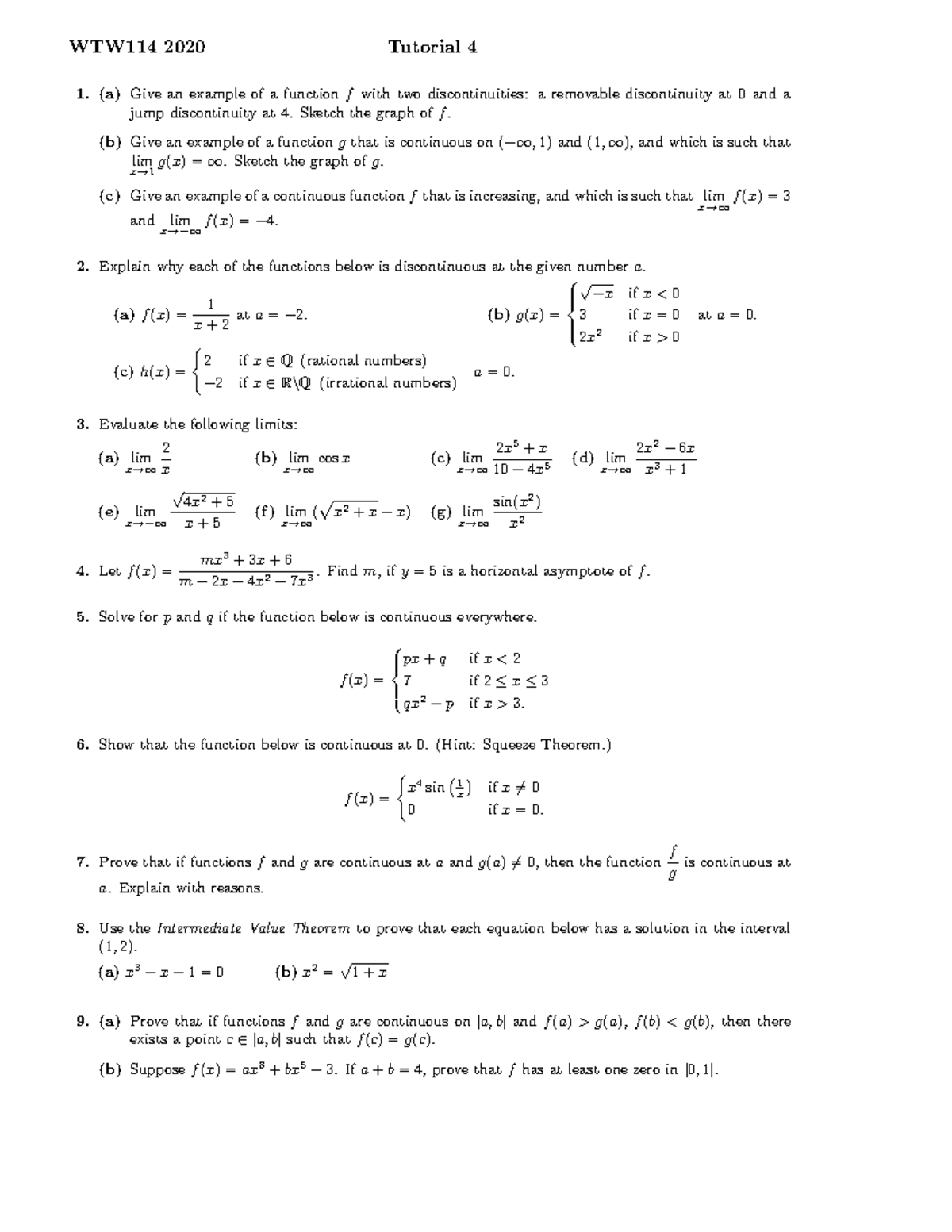 WTW114 Tutorial 4 - Practice of main topics - WTW114 2020 Tutorial 4 (a ...