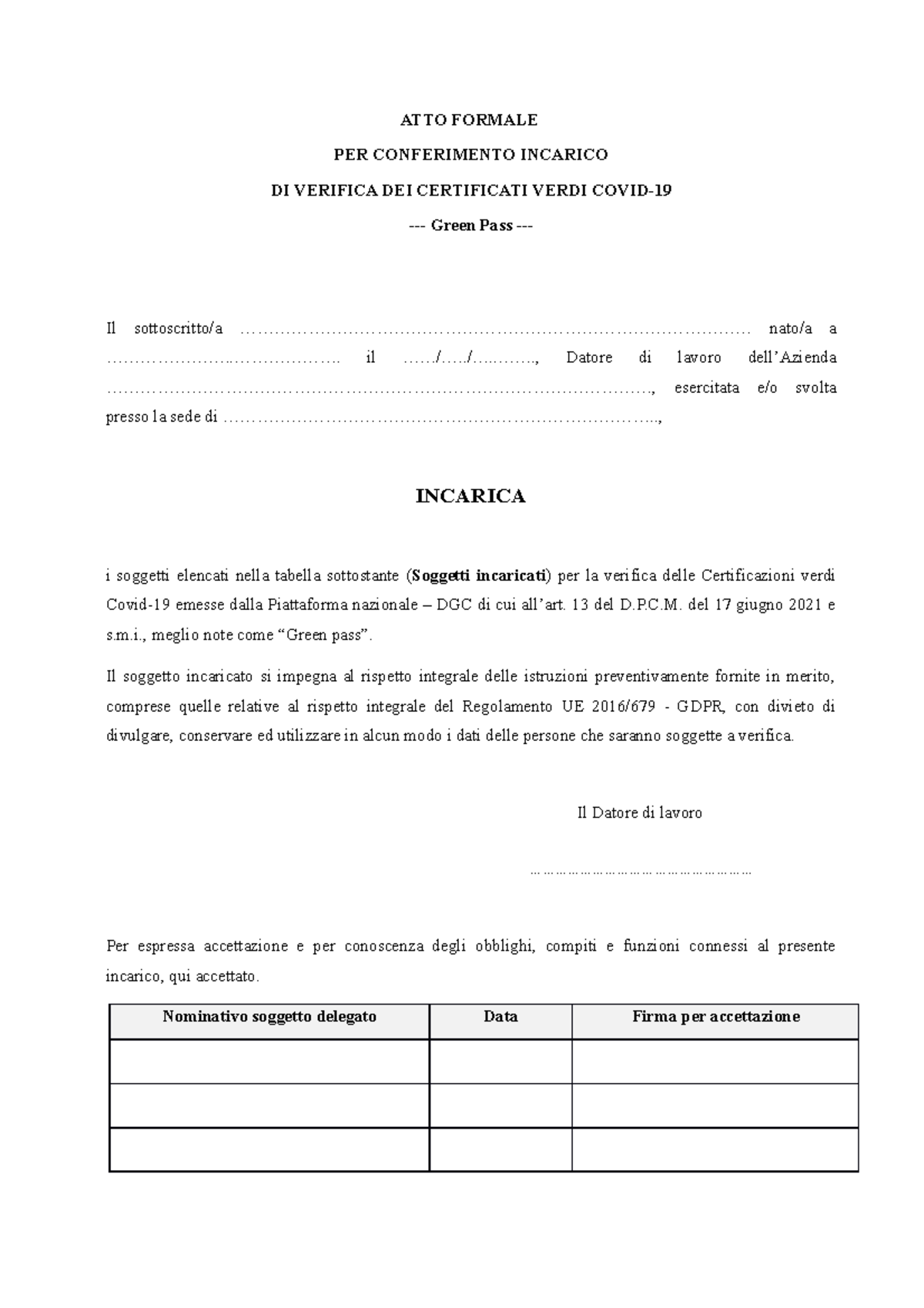Facsimile Green pass - ATTO FORMALE PER CONFERIMENTO INCARICO DI VERIFICA DEI CERTIFICATI VERDI ...