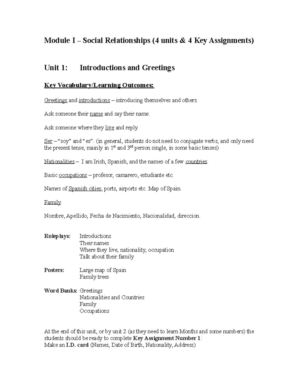 Spanish Module 1 Social Relationships (4 units & 4 Key Assignments ...