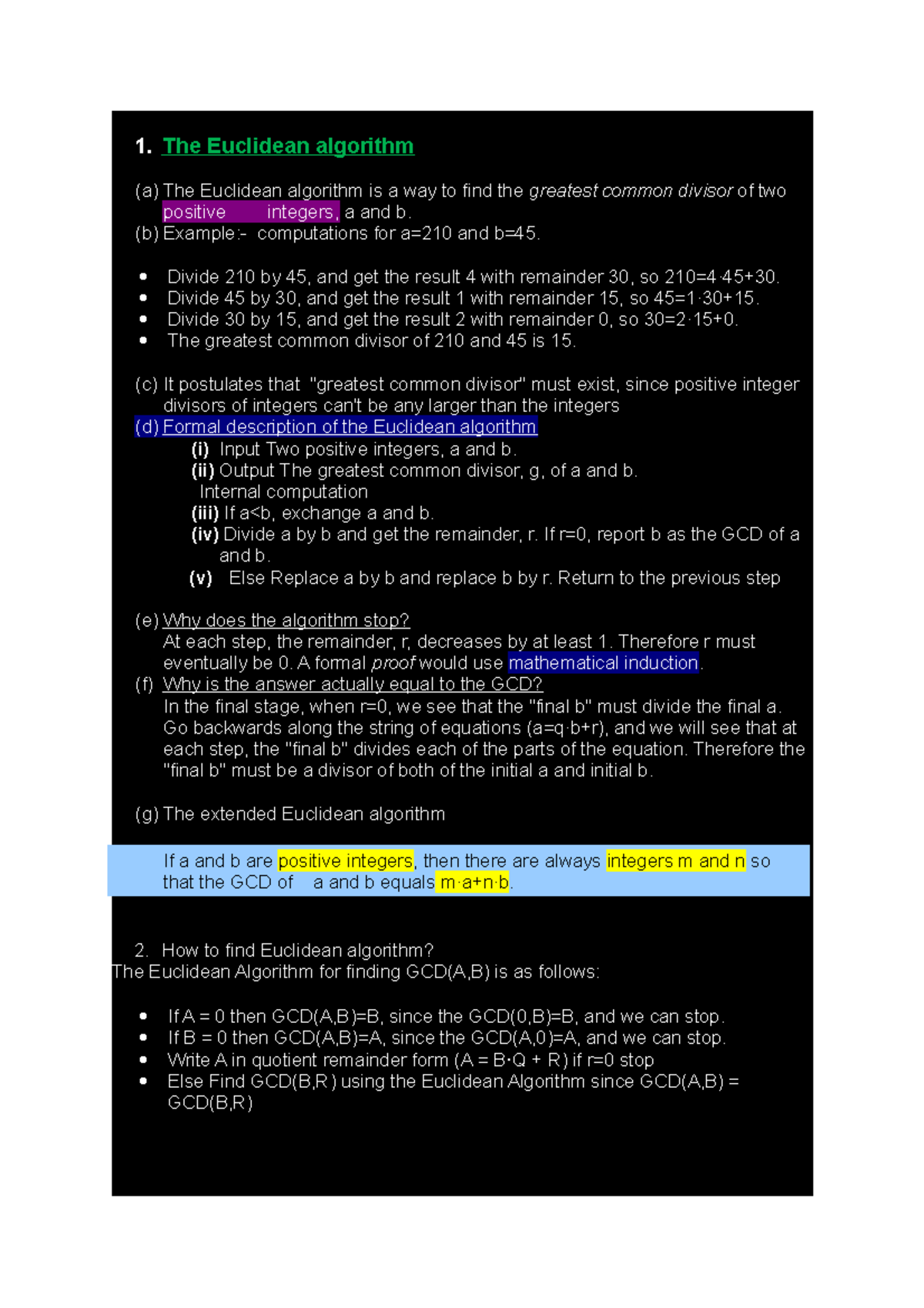 Section a 101 - study - 1. The Euclidean algorithm (a) The Euclidean algorithm is a way to find ...