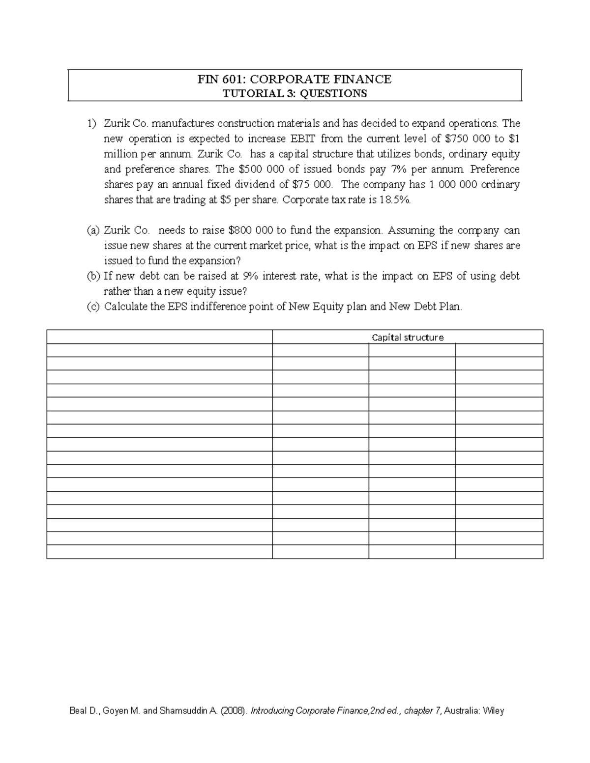 Tutorial 3 - C/ware - FIN 601: CORPORATE FINANCE TUTORIAL 3: QUESTIONS ...