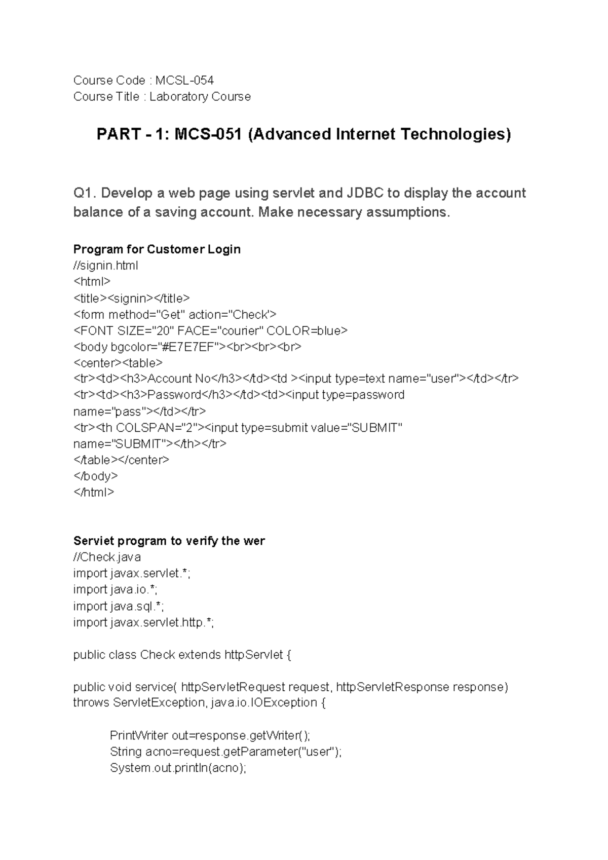 MCSL - 054 Assignment 2020-2021 - Course Code : MCSL- Course Title : Laboratory Course PART - 1 ...