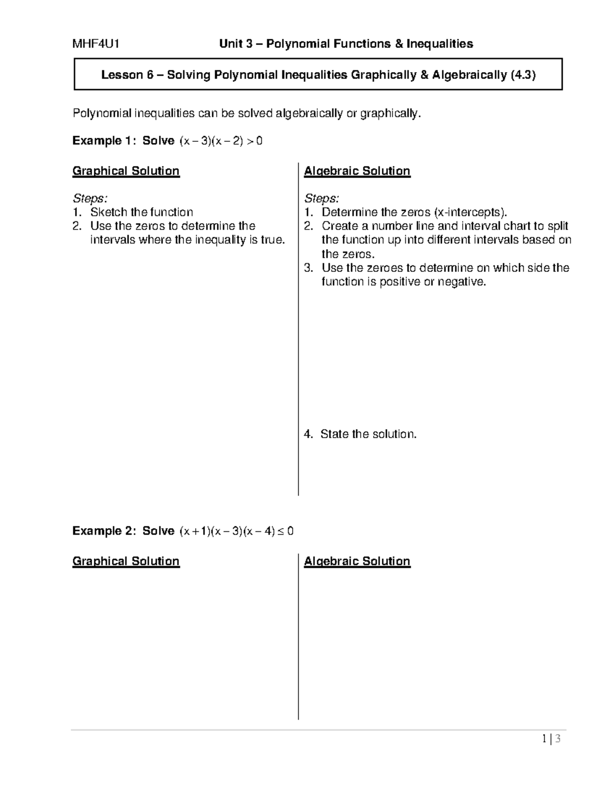 Lesson 6 - Solving Polynomial Inequalities - MHF4U 1 Unit 3 ...