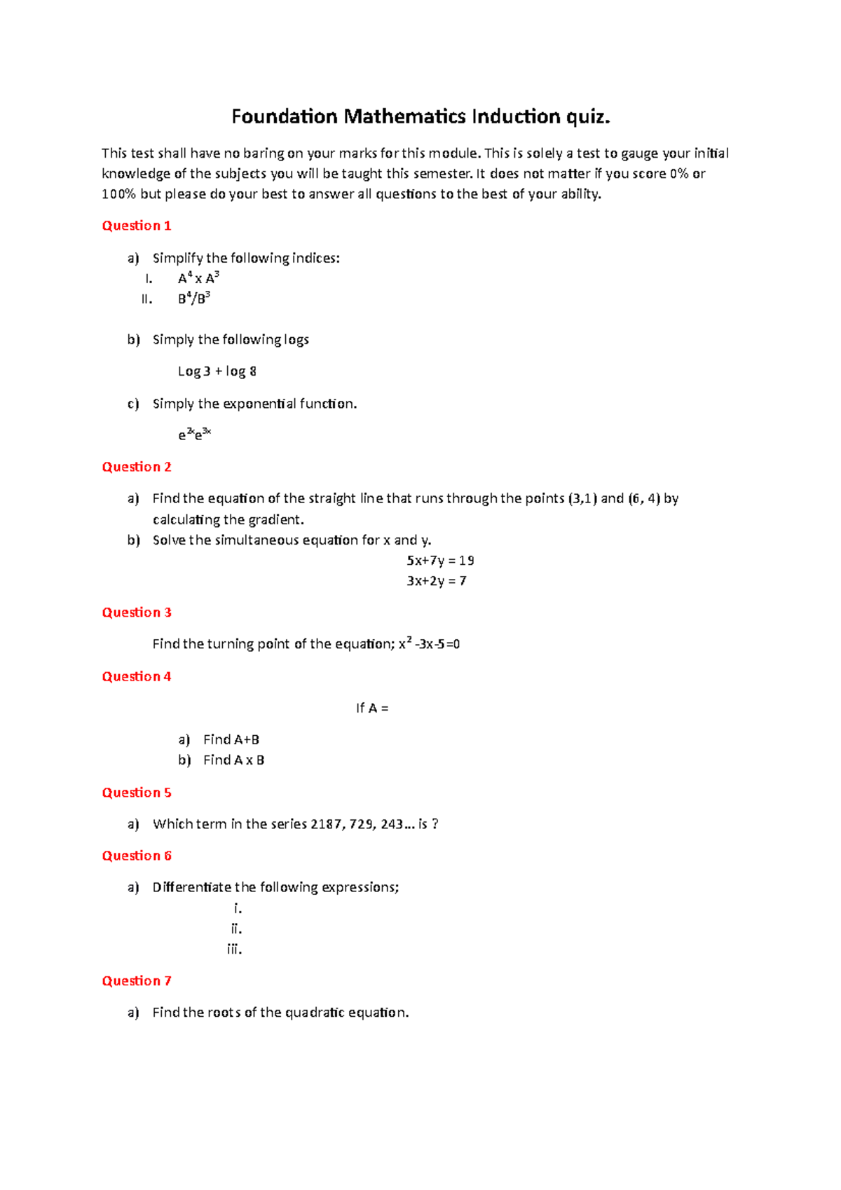 Maths induction diagnostic - Foundation Mathematics Induction quiz ...