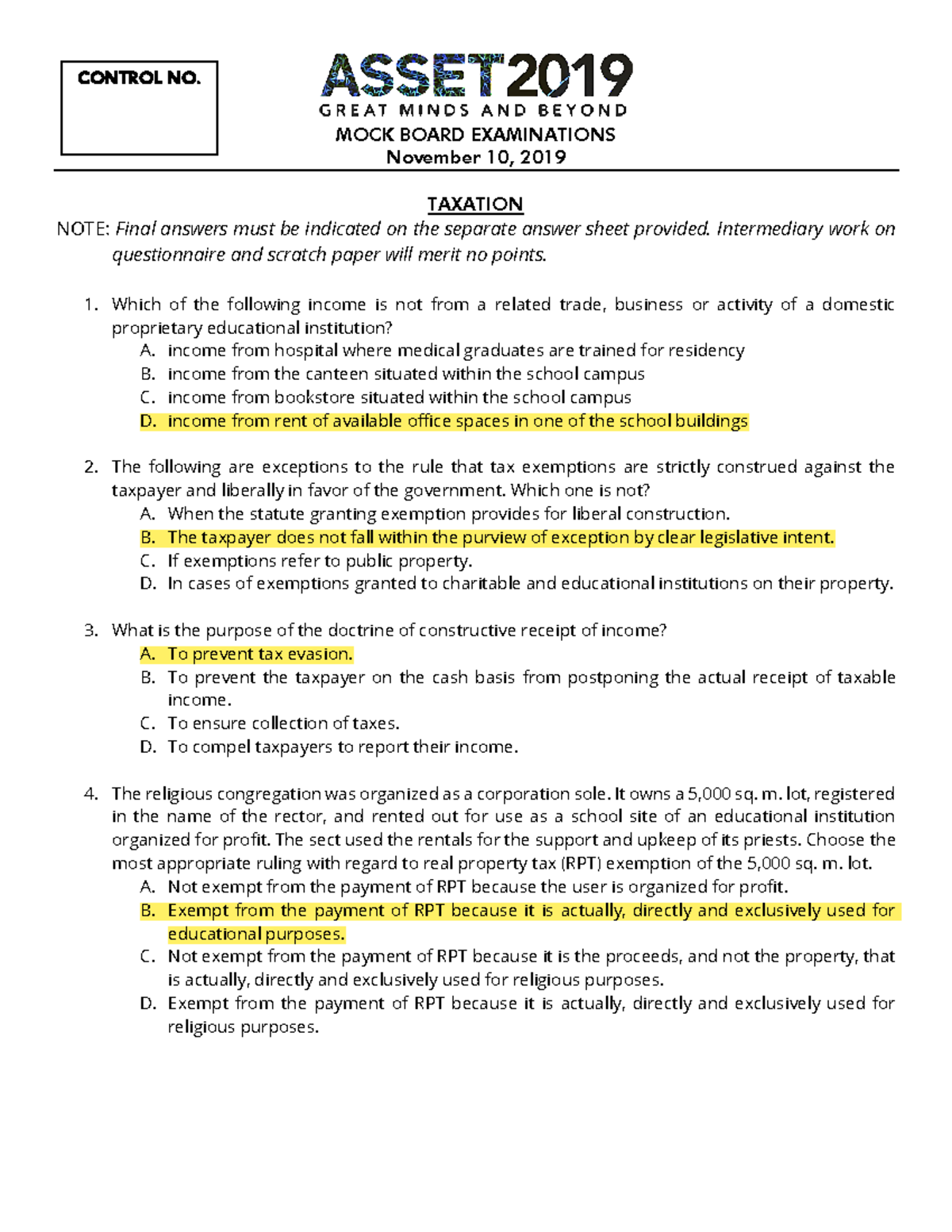 Asset 2019 Mock Boards TAX - MOCK BOARD EXAMINATIONS November 10, 2019 ...