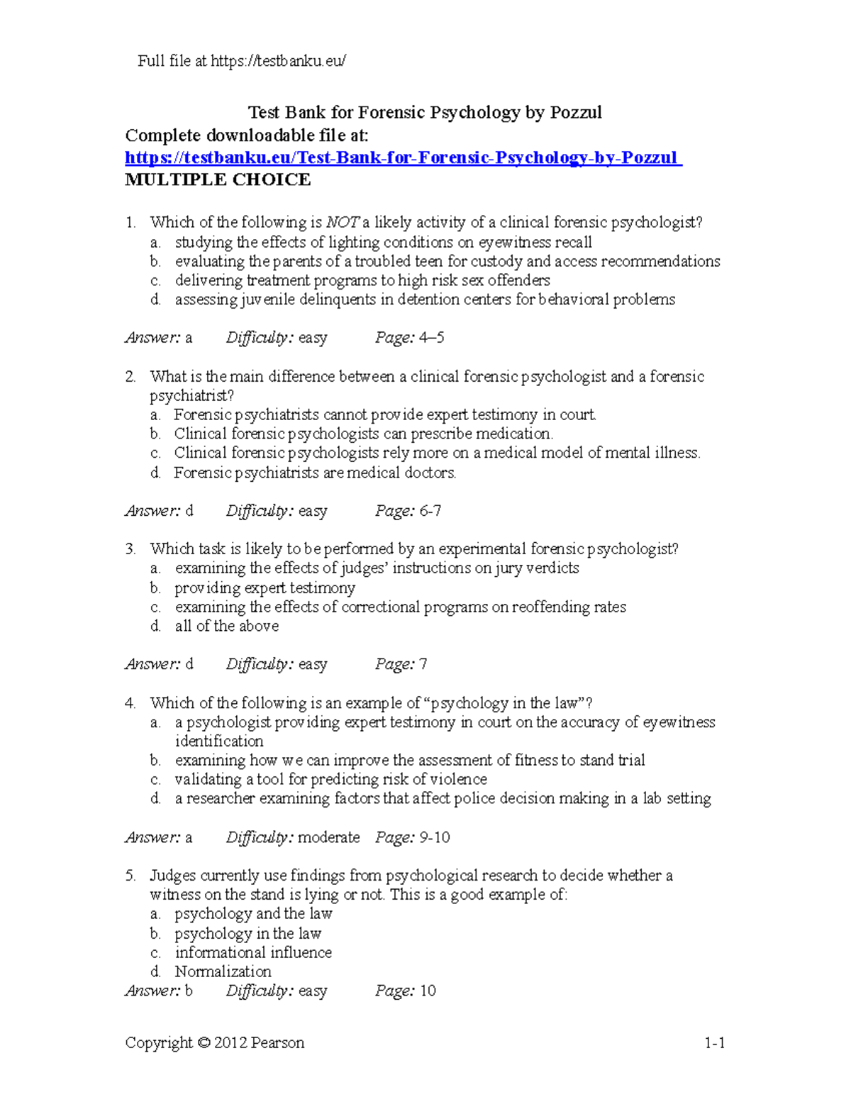 Test Bank for Forensic Psychology by Poz - Full file at testbanku/ Test ...