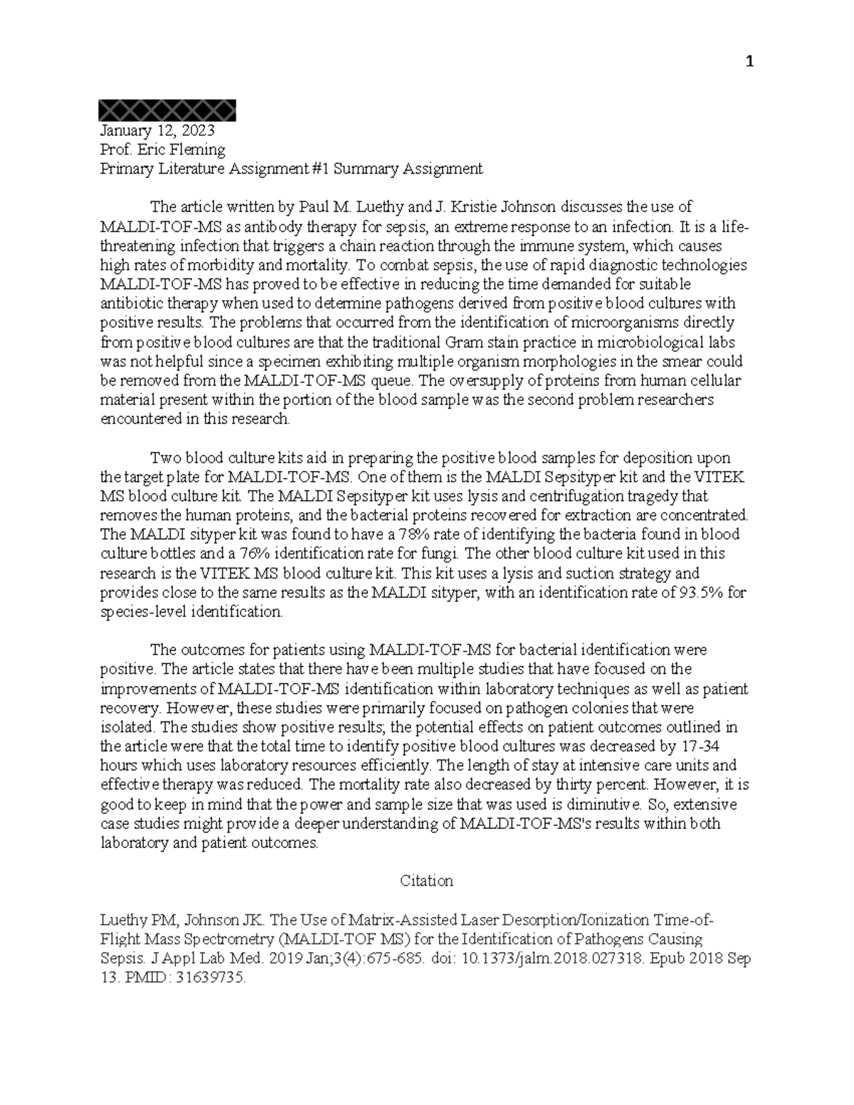 Primary Literature Assignment #1 Summary Assignment - 1 January 12 ...