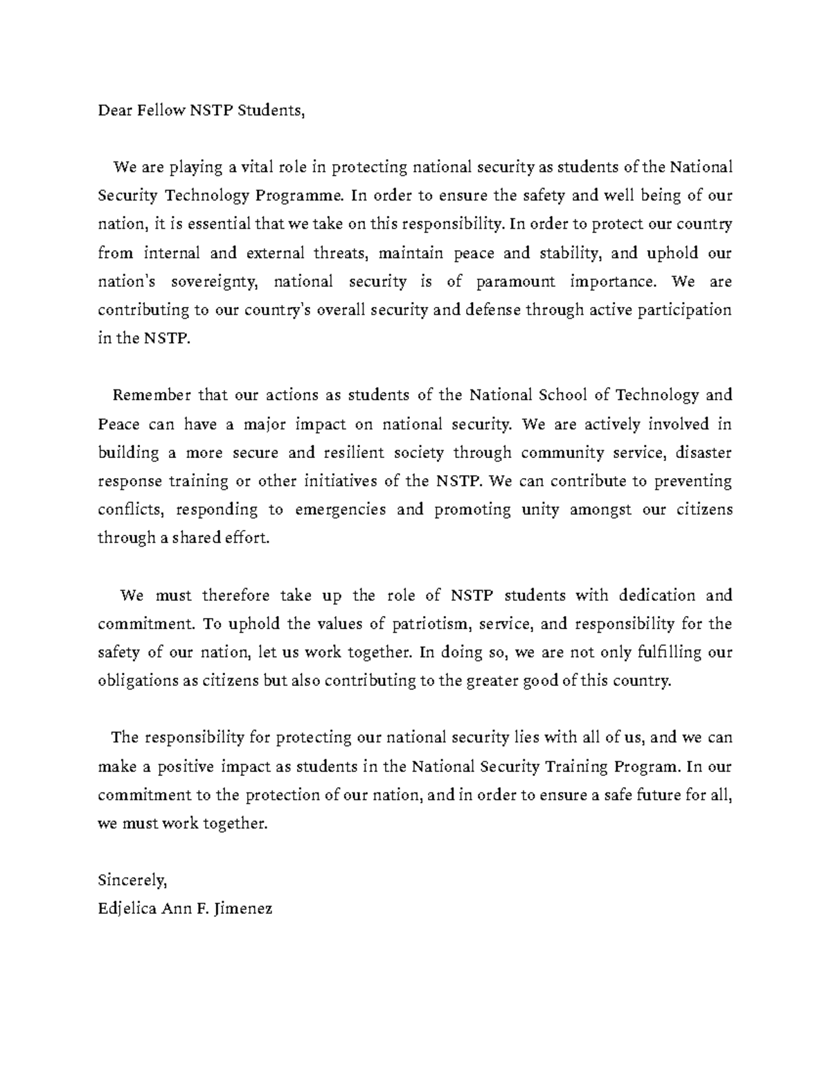 NSTP Letter - Dear Fellow NSTP Students, We are playing a vital role in ...