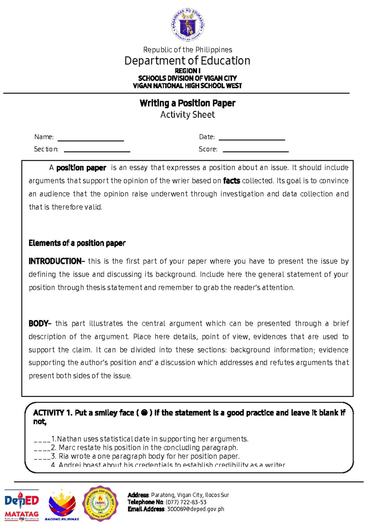 EAPP Activity sheet 4-1 - Republic of the Philippines Department of ...