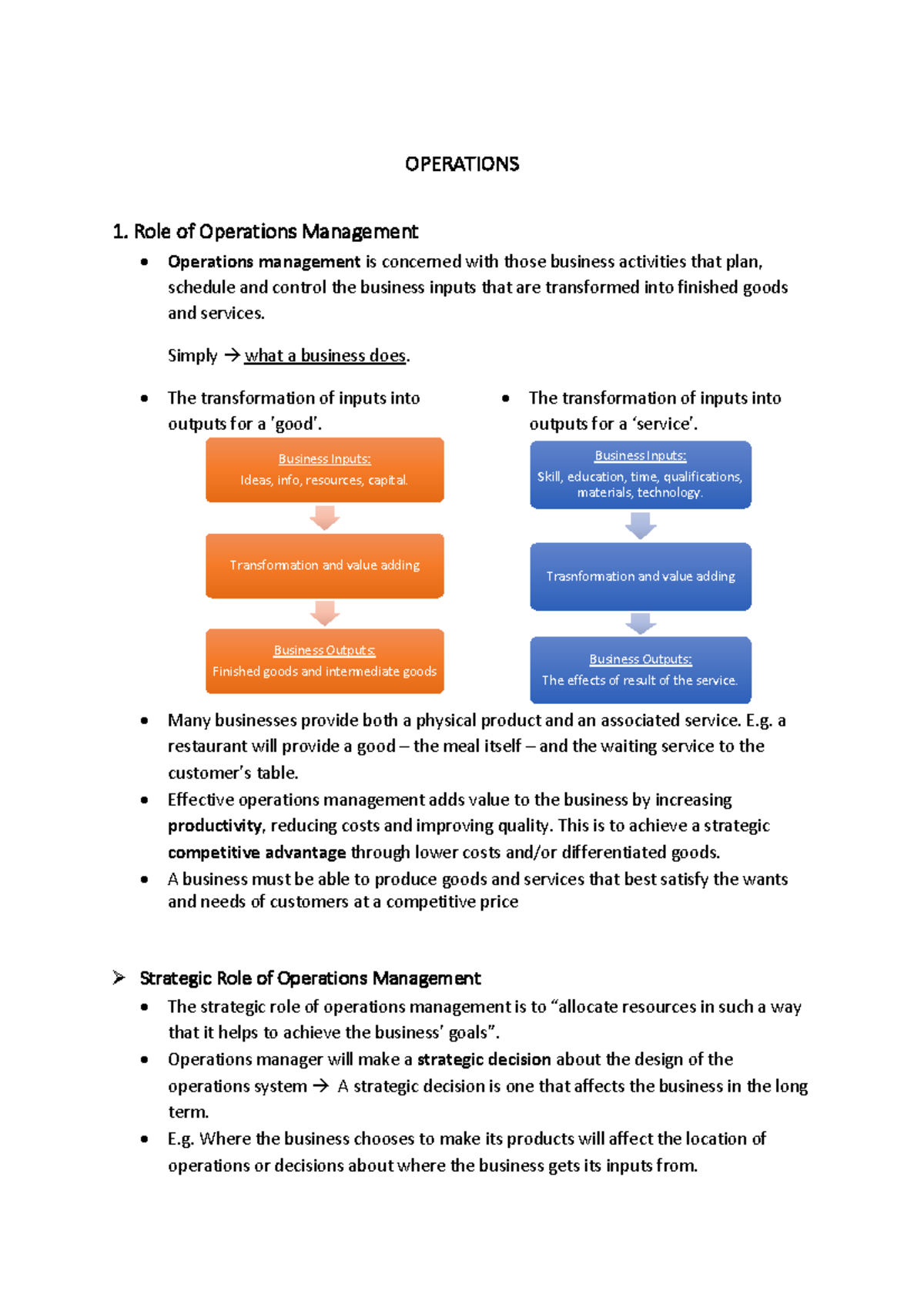 Operations notes - 1st Year - OPERATIONS 1. Role of Operations ...